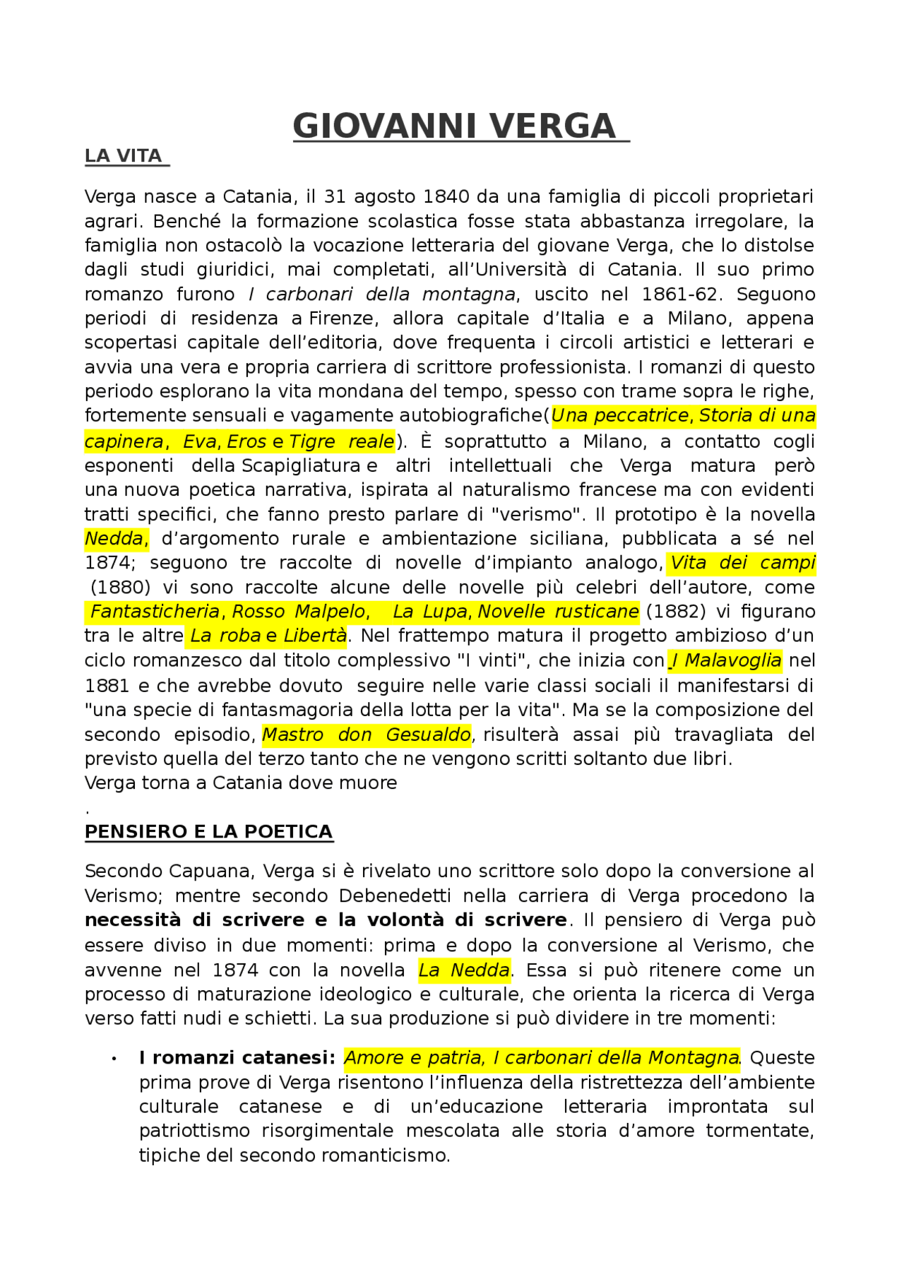 Vita E Opere Di Giovanni Verga Docsity