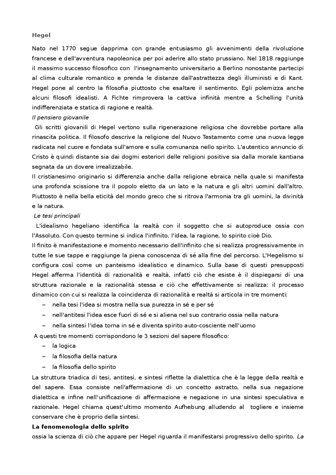 Sintesi Pensiero Hegel Docsity