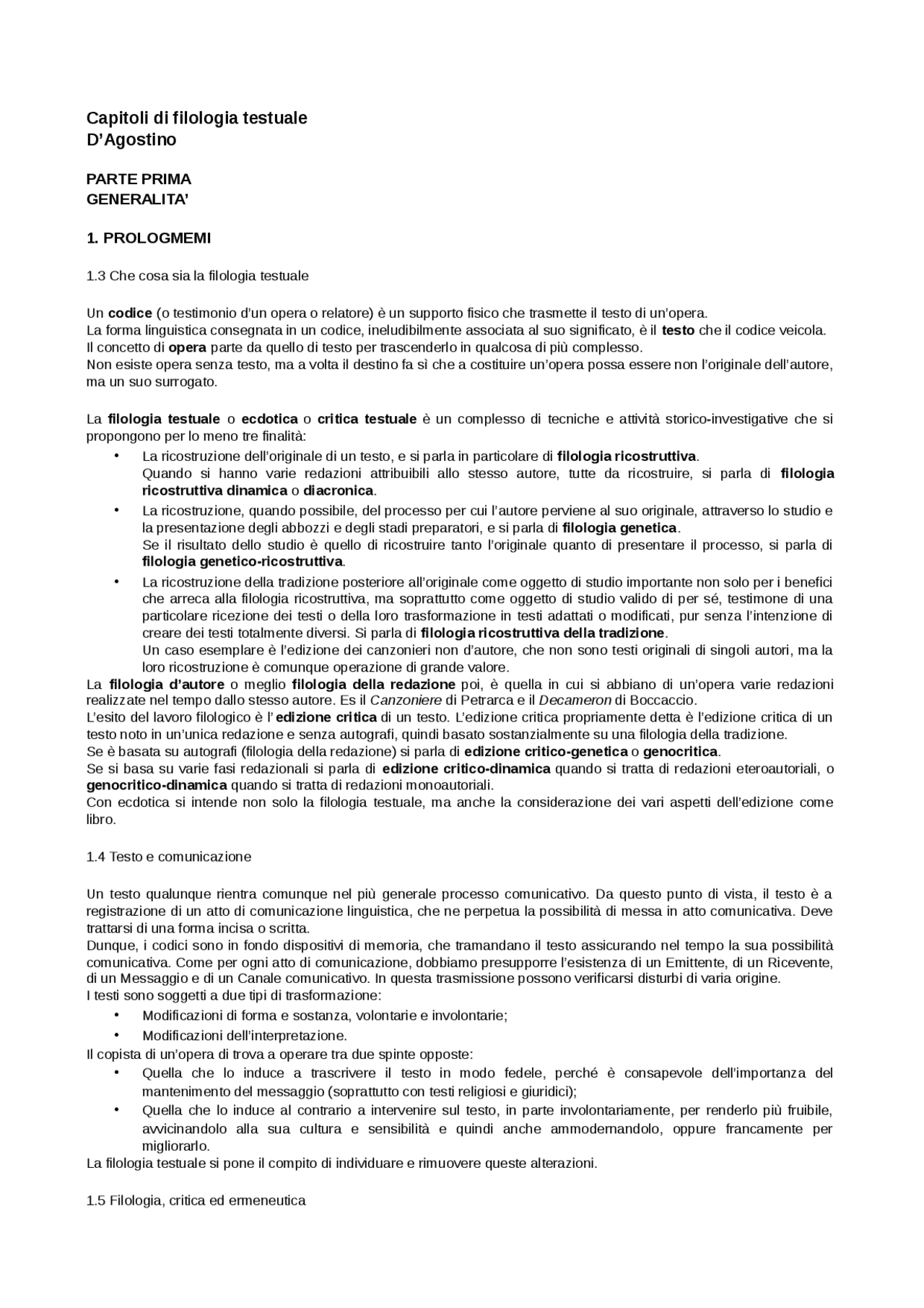 Capitoli Di Filologia Testuale Dagostino Riassunto Docsity