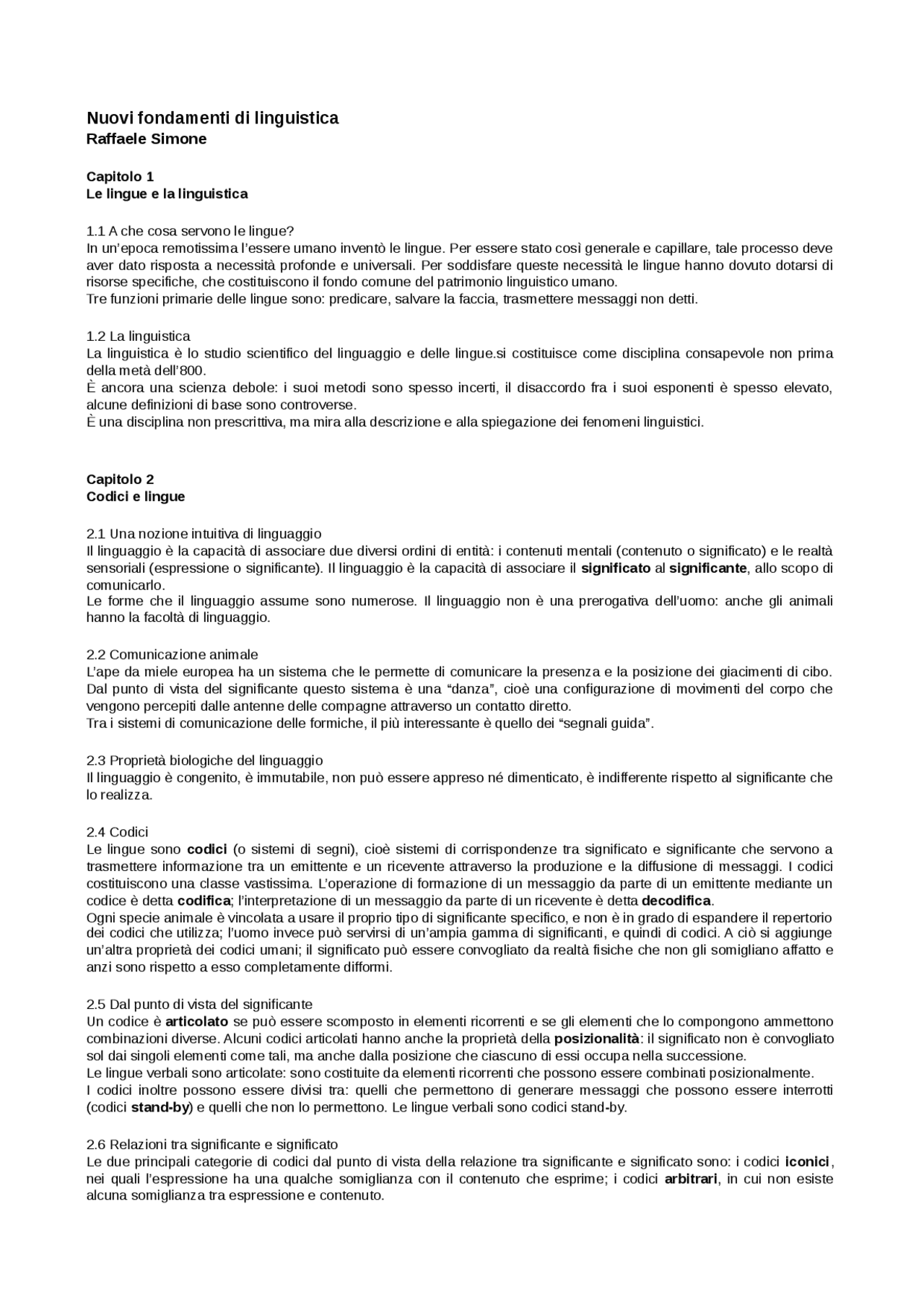 Nuovi Fondamenti Di Linguistica Raffaele Simone Riassunto Docsity