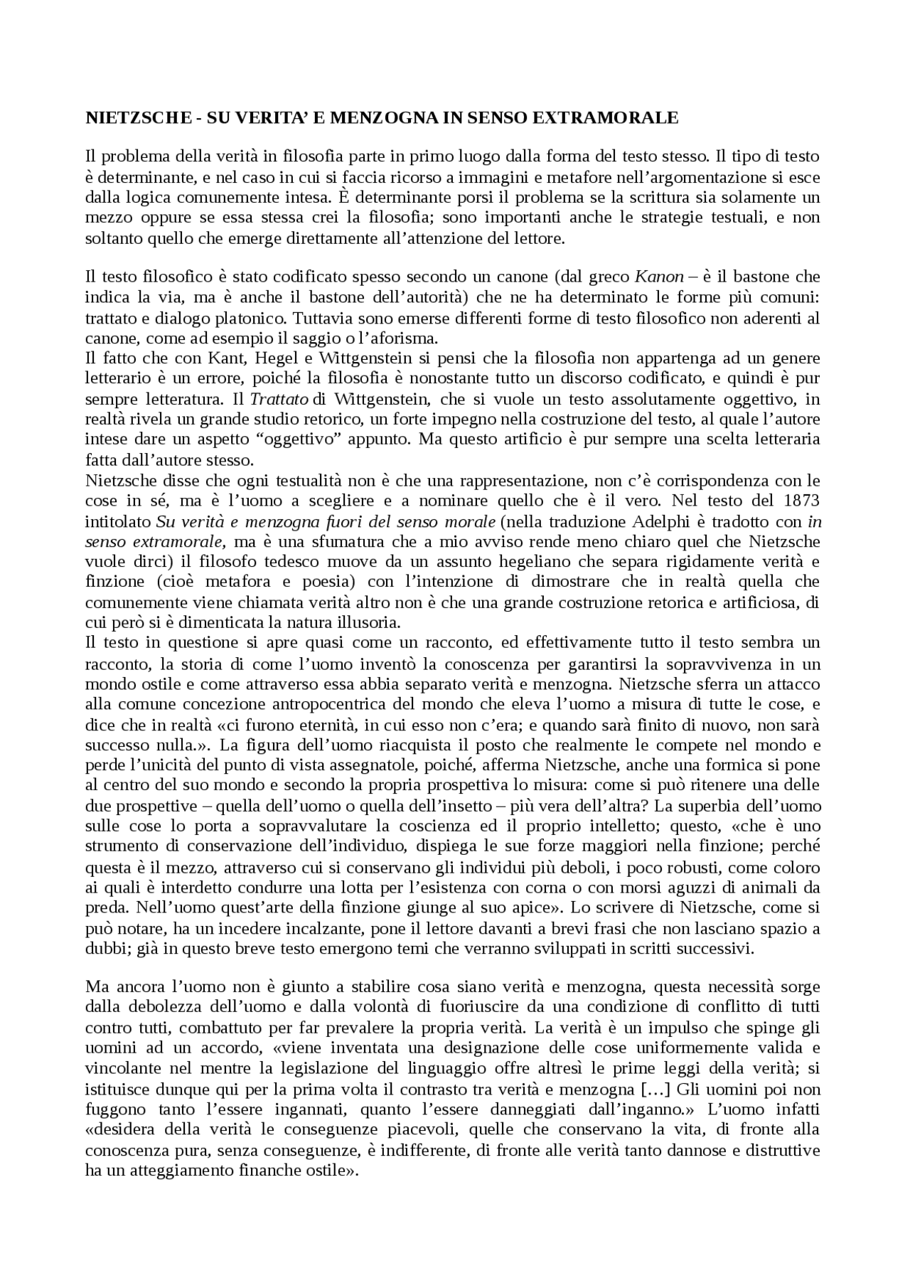 Nietzsche Su Verità E Menzogna Docsity