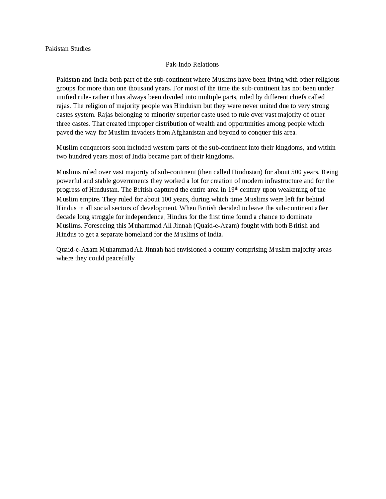 Pakistan India Relations: A brief history - Docsity