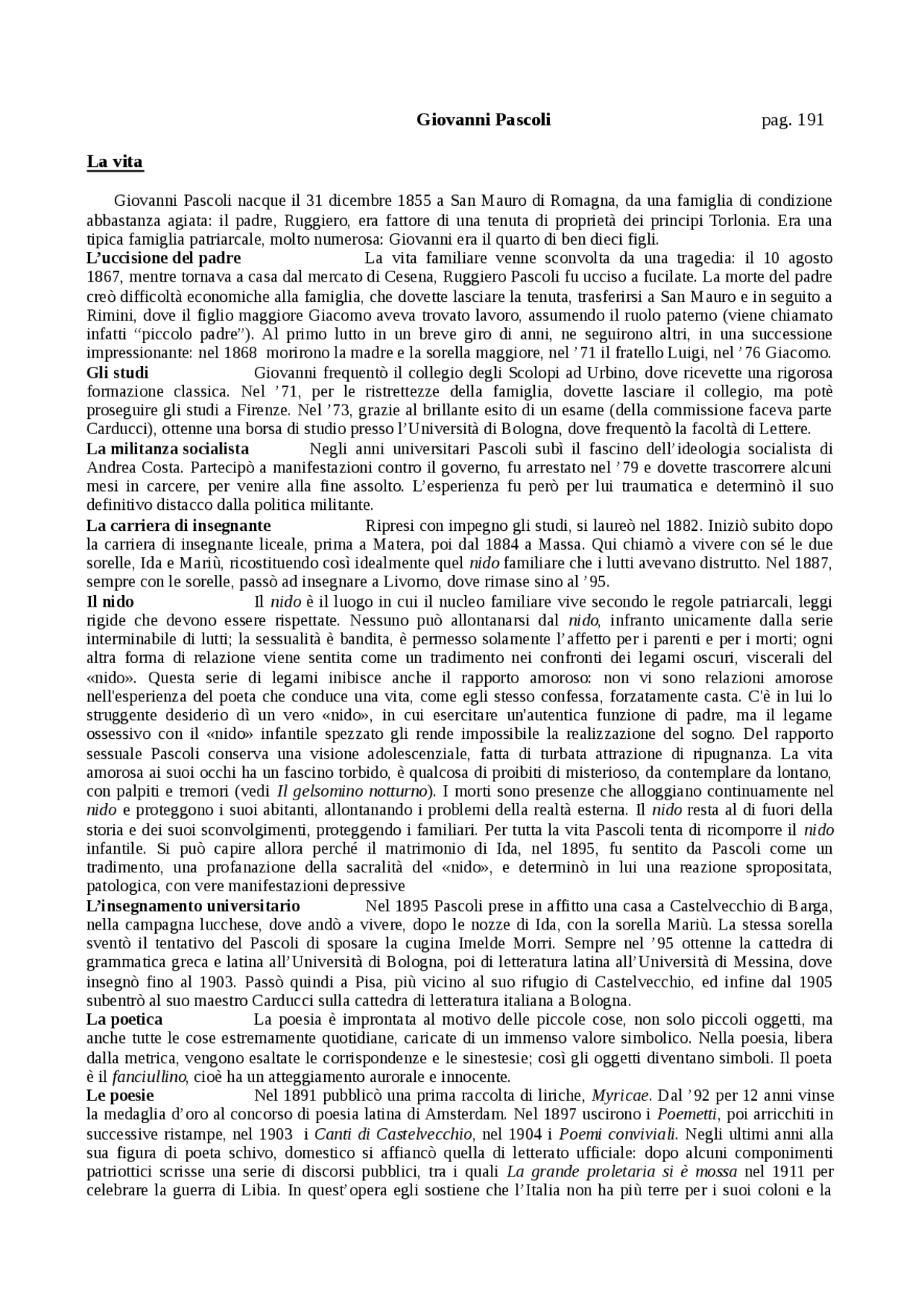 Riassunto Pascoli Vita E Opere Docsity