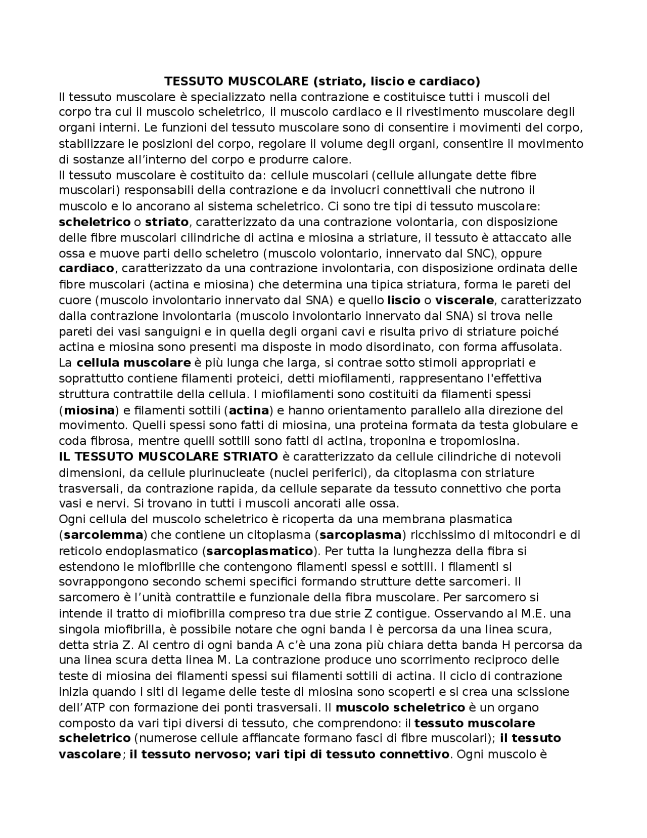 Riassunto Tessuto Muscolare Docsity