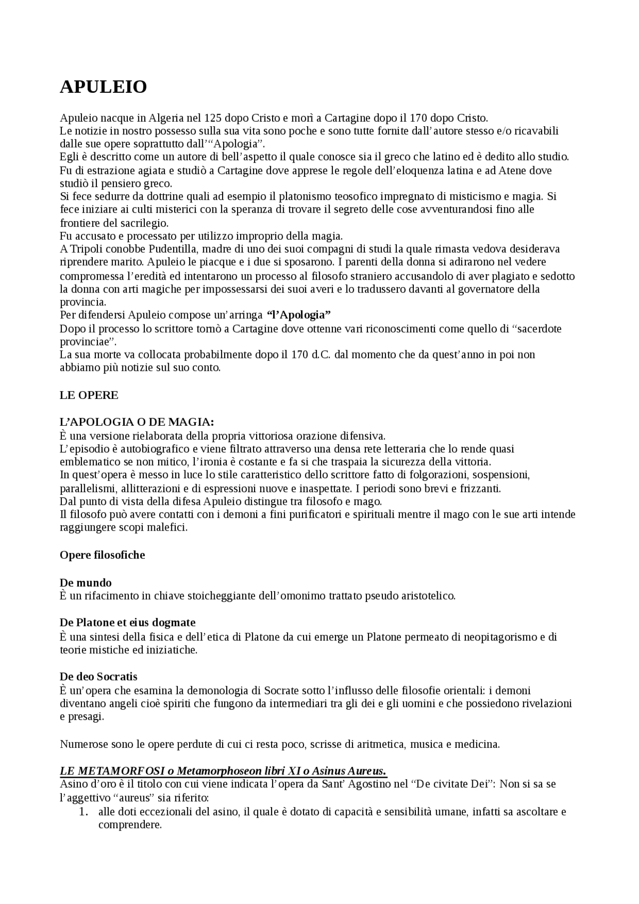 APPUNTI COMPLETI, VITA E OPERE DI APULEIO - Docsity