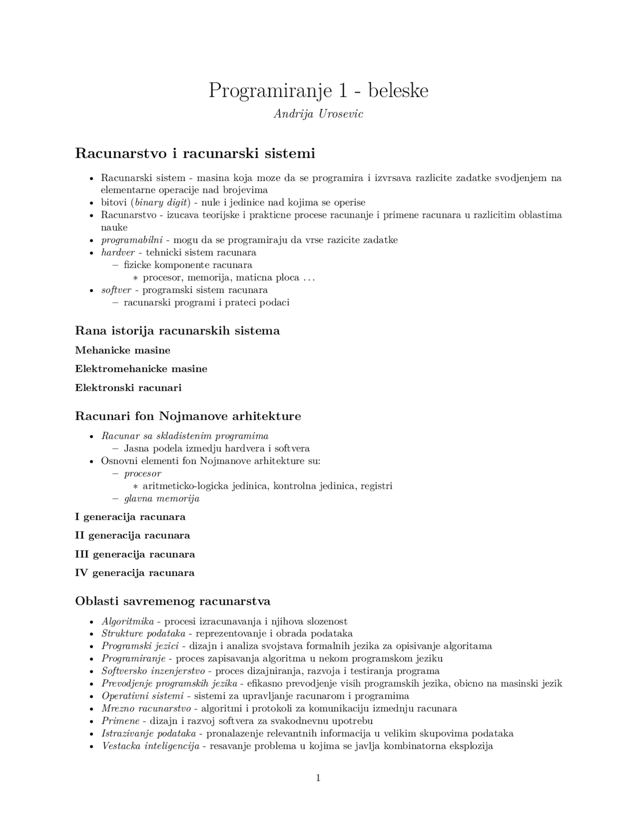 Programiranje 1 - Beleske | Skripte' predlog Programiranje - Docsity