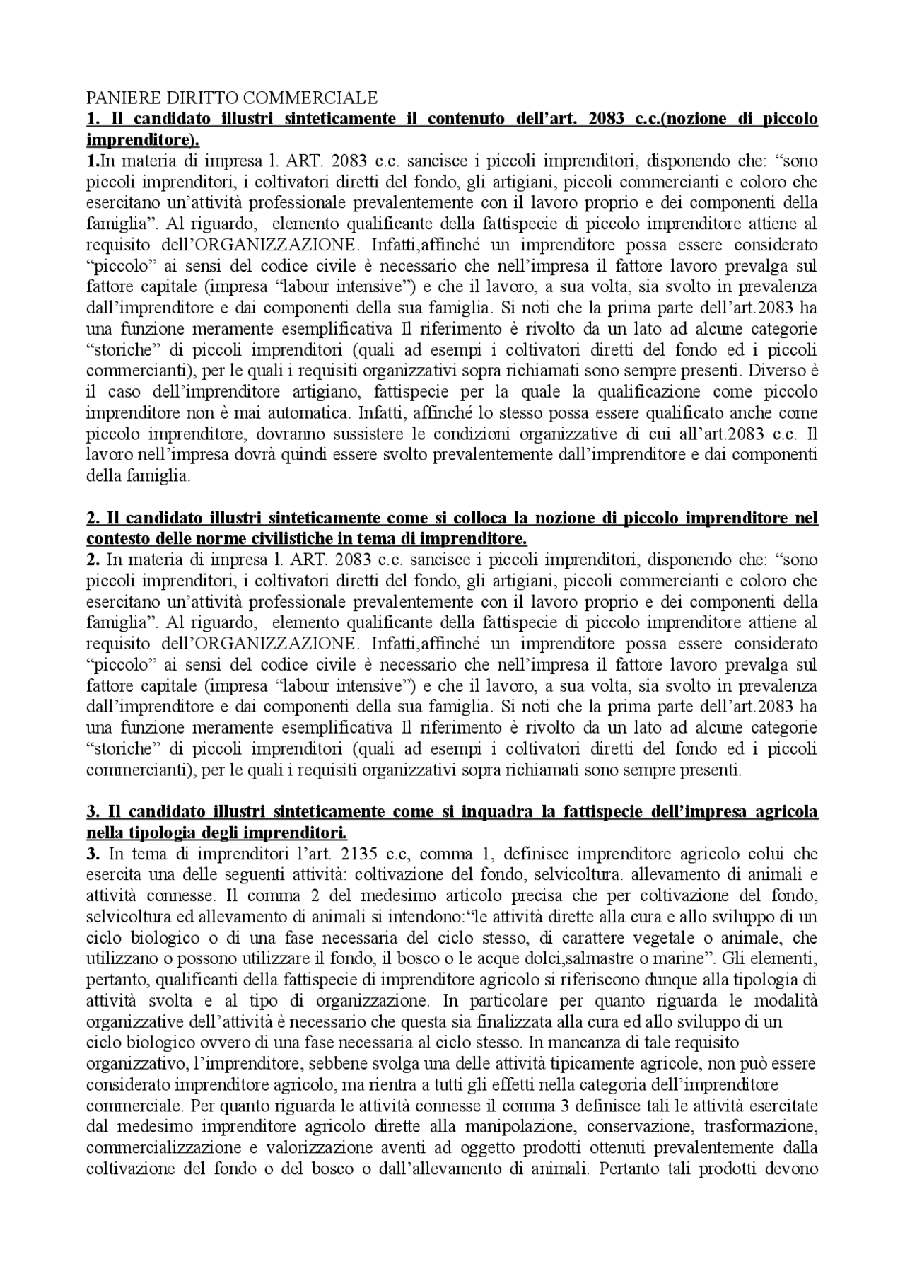 PANIERE DIRITTO COMMERCIALE RISPOSTE APERTE UNIVERSITÀ ECAMPUS | Docsity