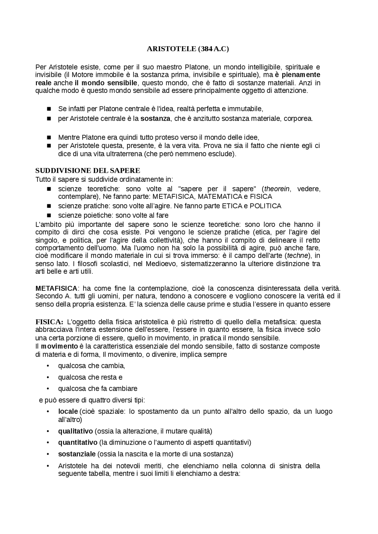 Aristotele Pensiero In Pillole Docsity