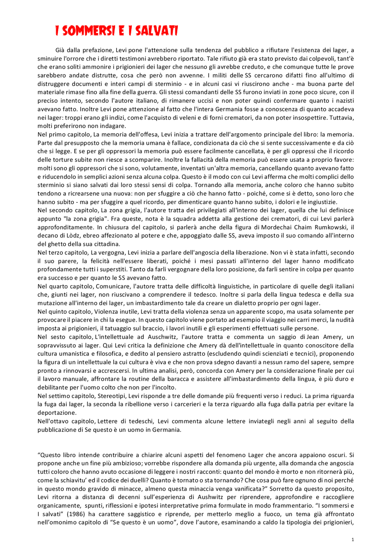 Appunti Primo Levi Sommersi E Salvati Docsity