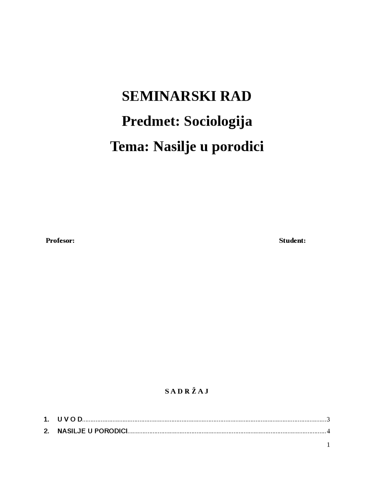 Sociologija Nasilje U Porodici Esej Predlog Sociologija Docsity