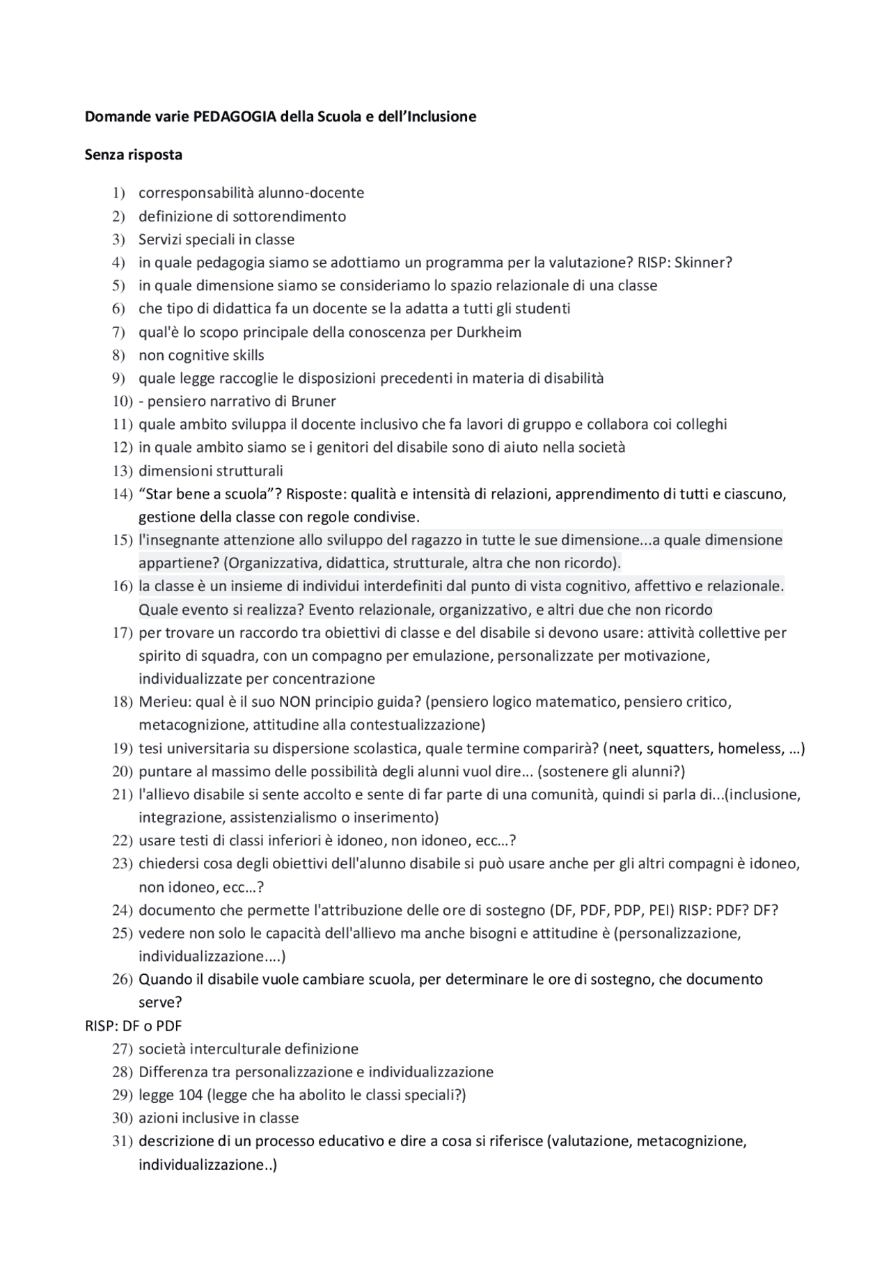 Appunti E Domande Per Ripasso Tfa Sostegno Docsity