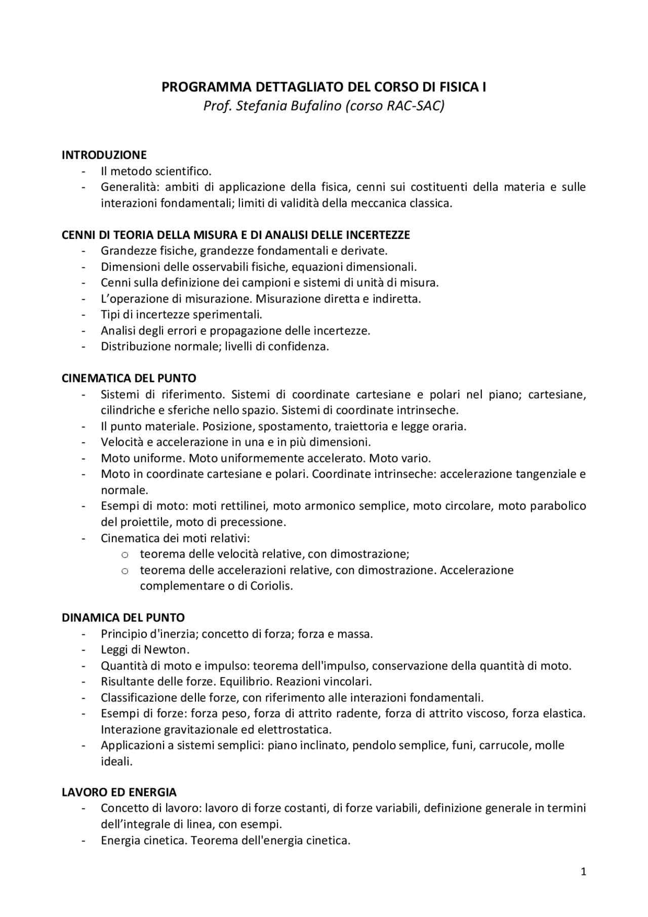 Fisica 1 programma primo anno | Dispense di Matematica Generale | Docsity