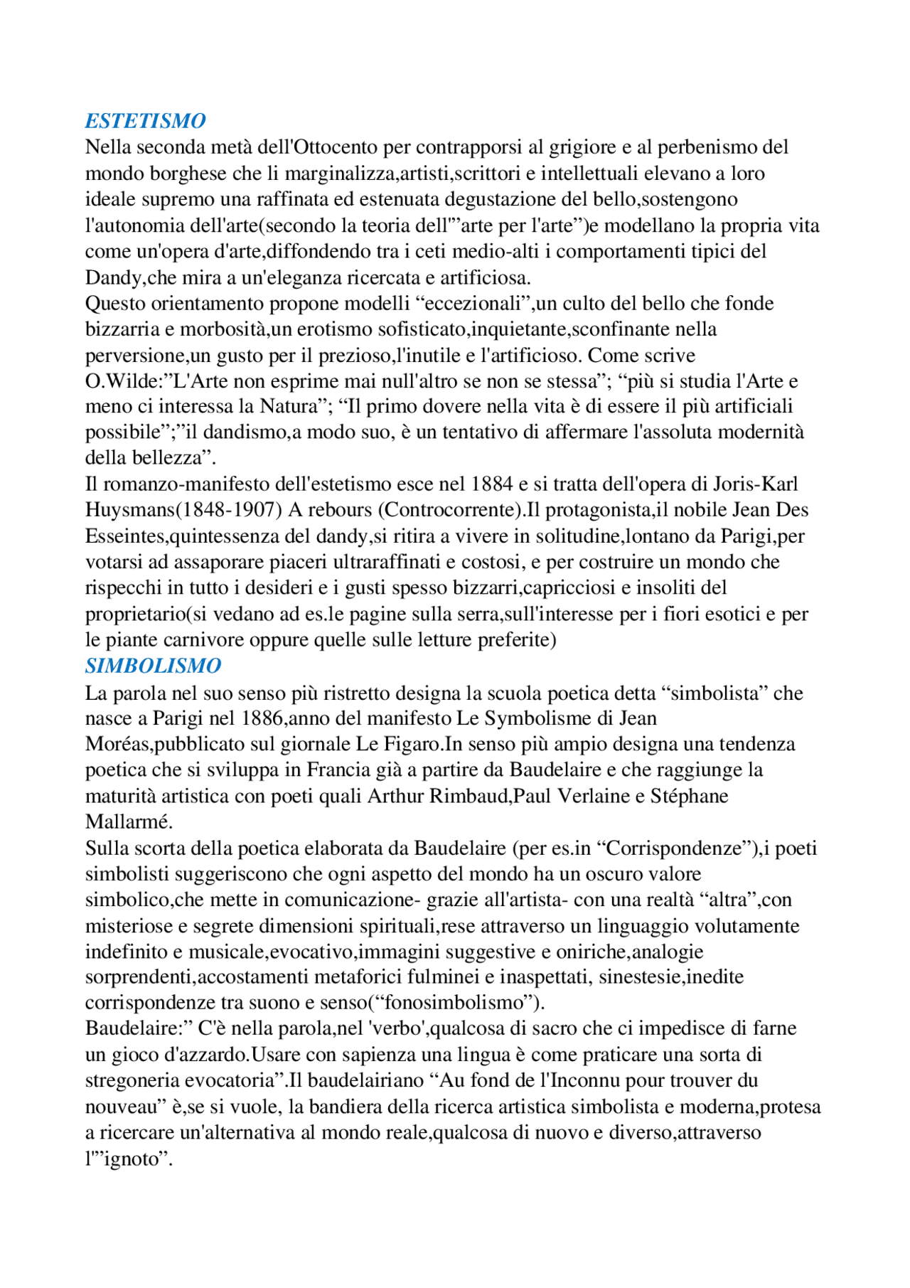 estetismo e simbolismo | Sintesi del corso di Italiano | Docsity