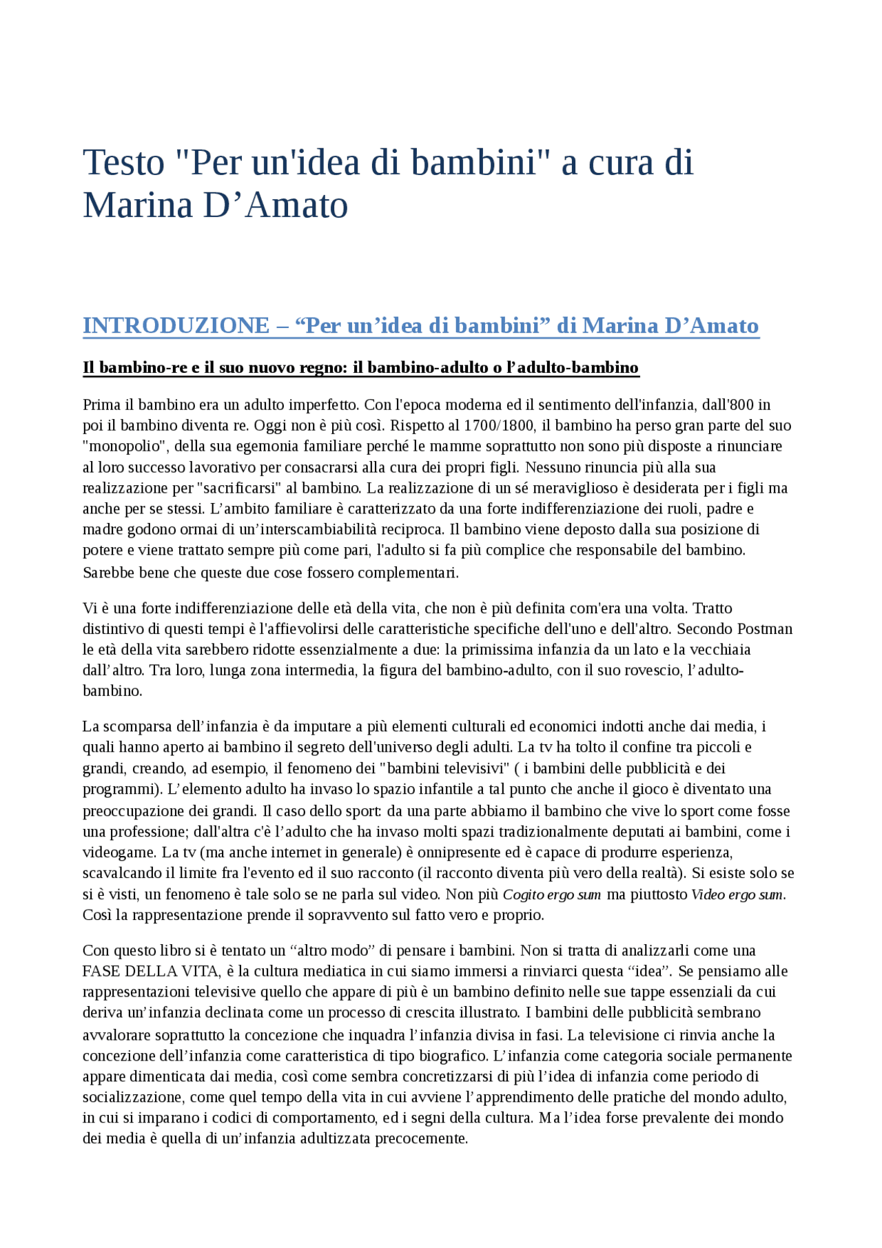 Riassunto Per Unidea Di Bambini Docsity