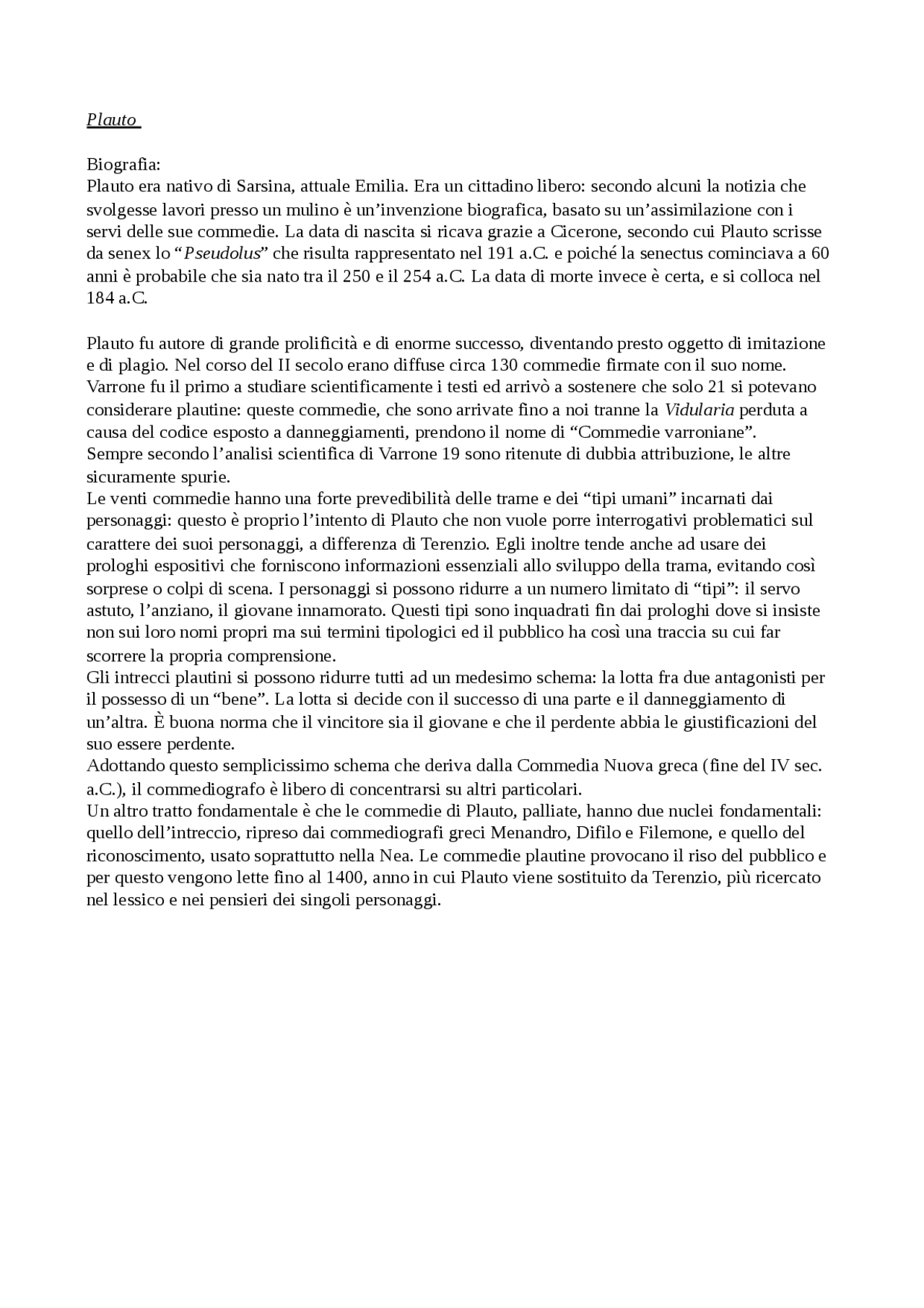 Sintesi Vita E Opere Di Plauto Docsity
