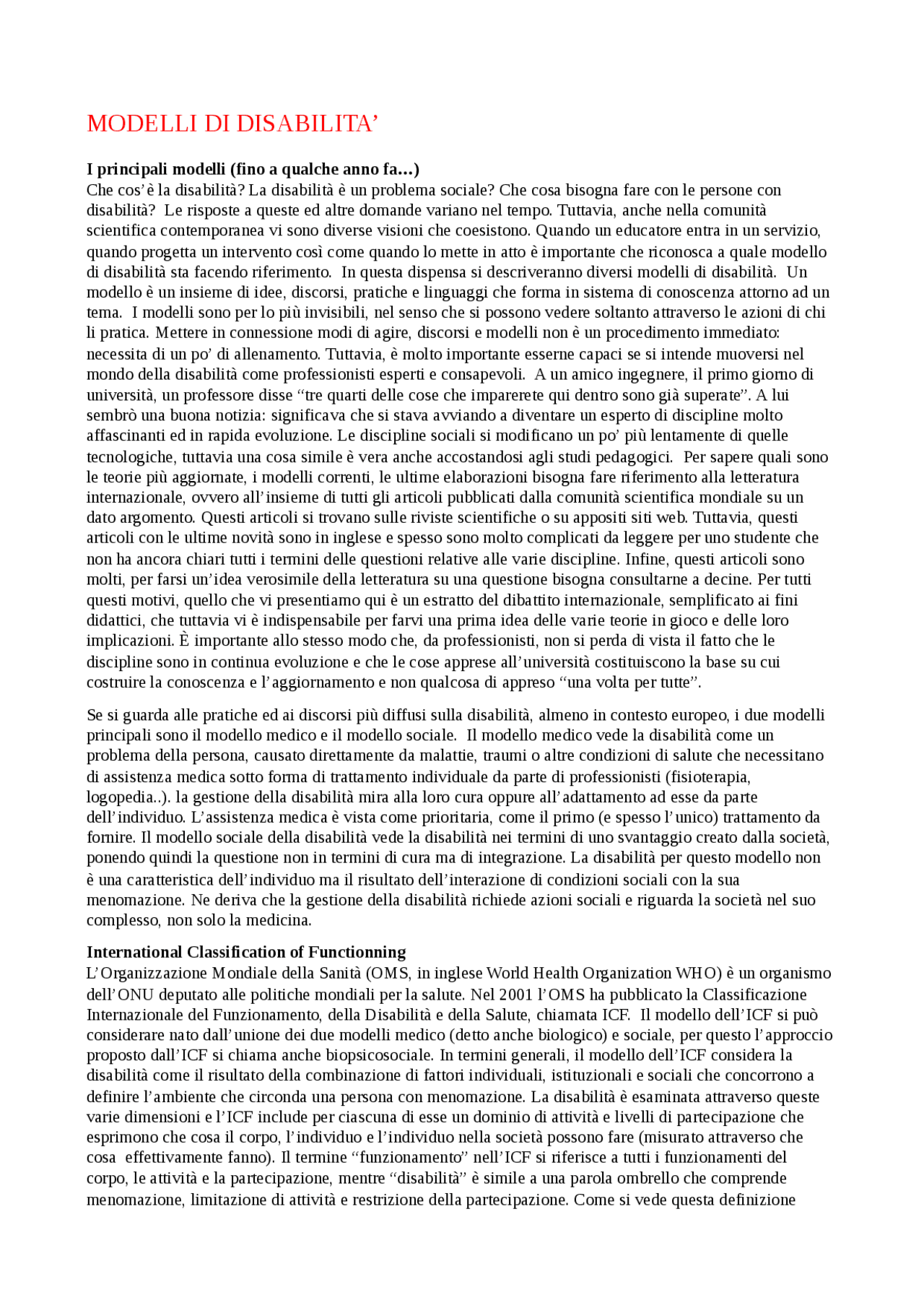 Modelli Di Disabilità Docsity