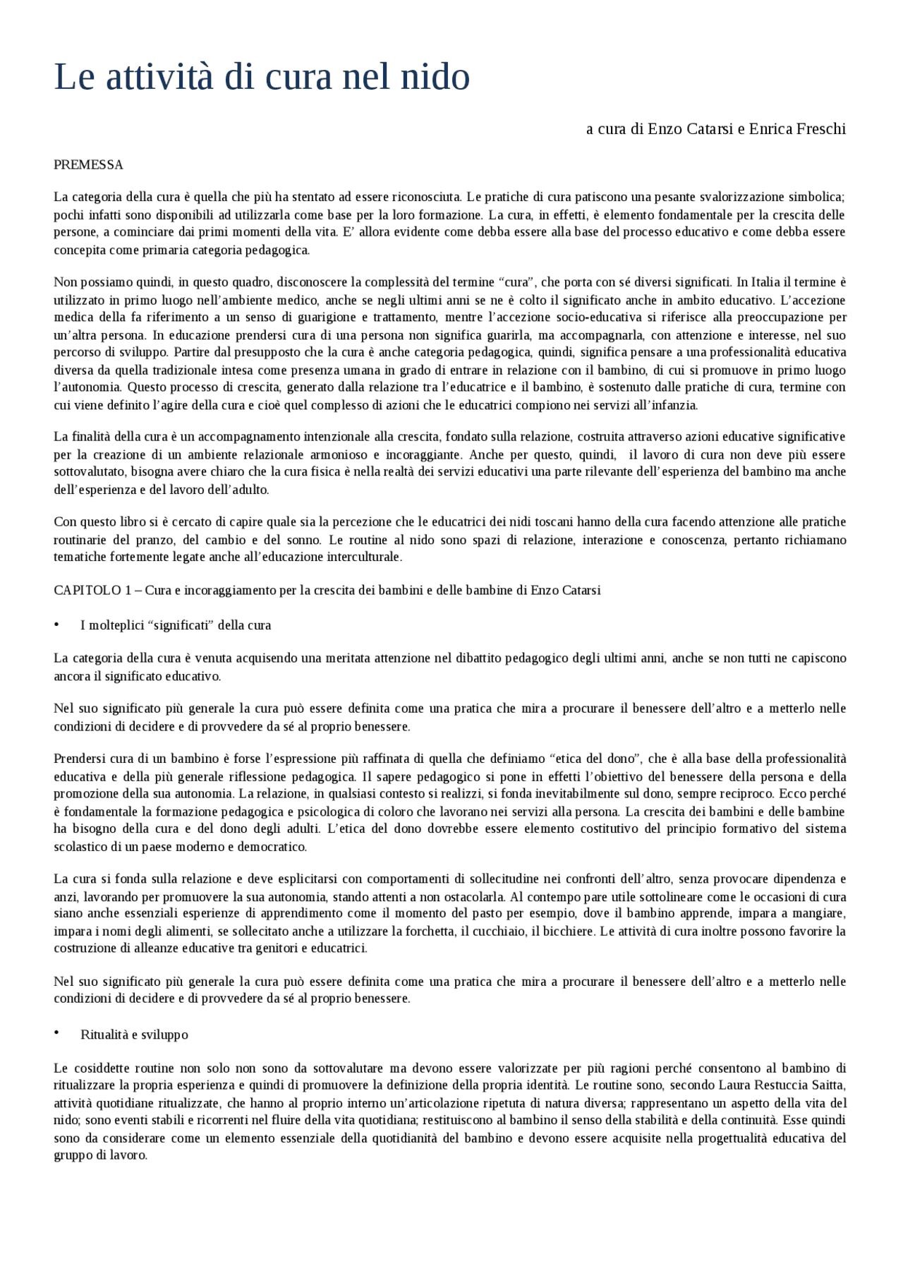 Riassunto Le Attività Di Cura Nel Nido Docsity