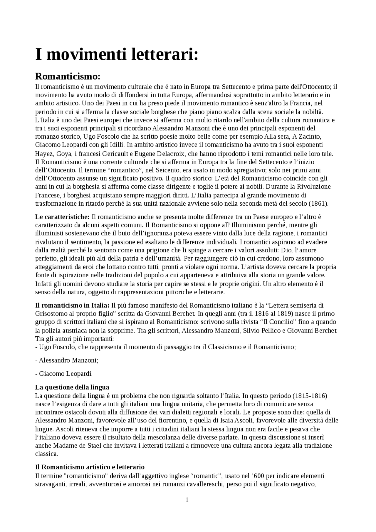 I movimenti letterari (prof Gaspari) - Docsity