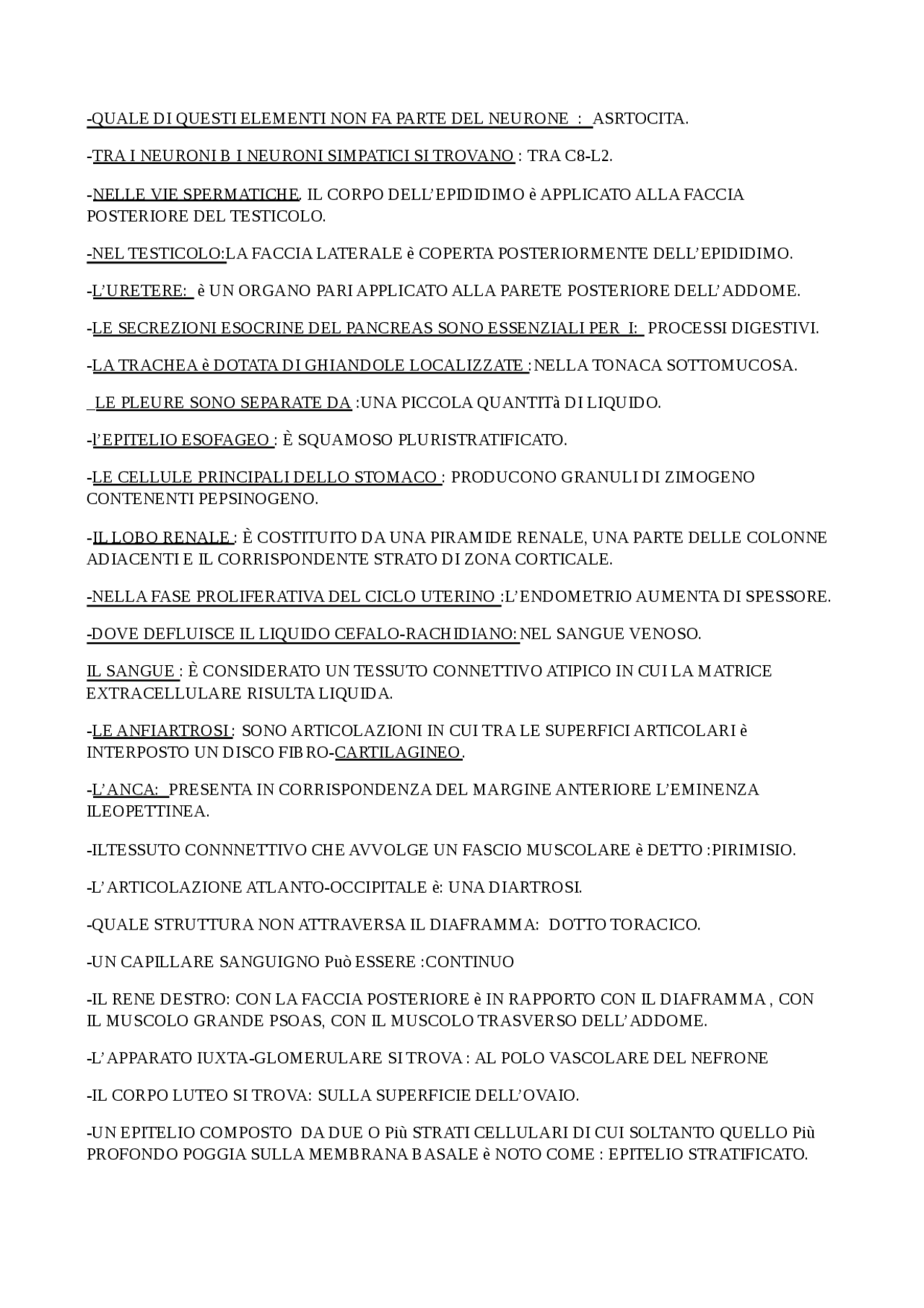 Domande E Risposte Di Anatomia Umana Docsity