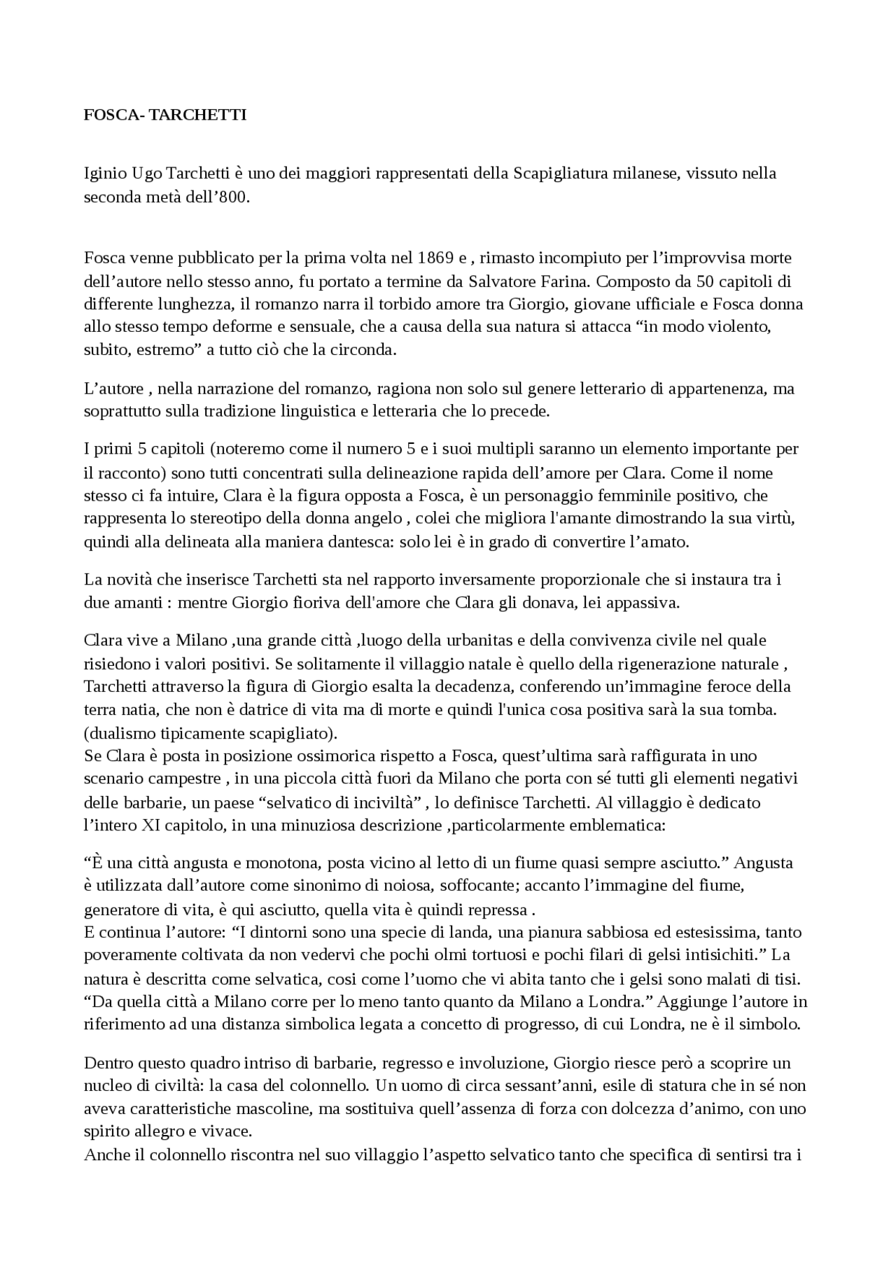 Spiegazione E Riassunto Sul Libro Fosca Di Tarchetti Docsity
