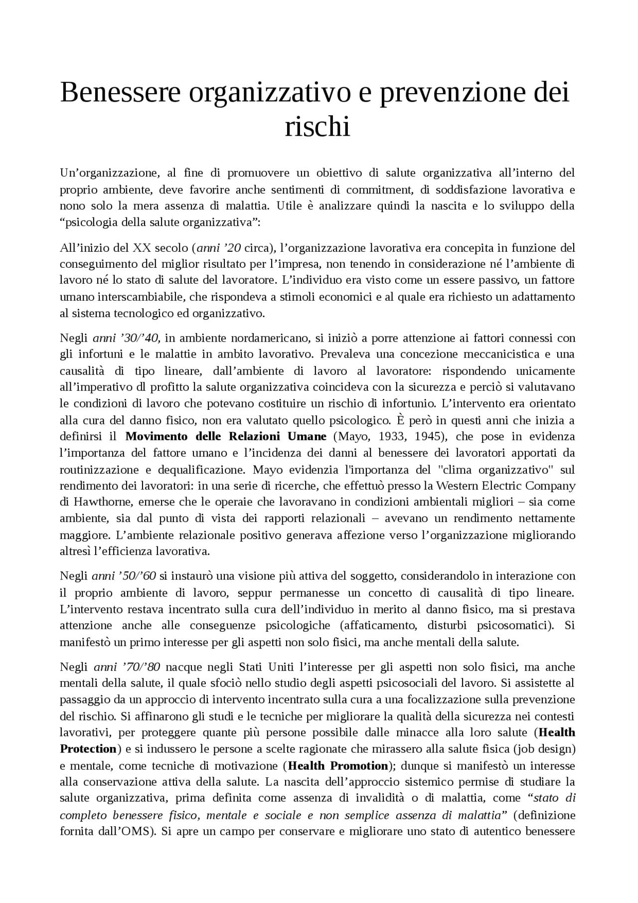 Appunti del corso di BENESSERE ORGANIZZATIVO E PREVENZIONE DEI RISCHI - Docsity