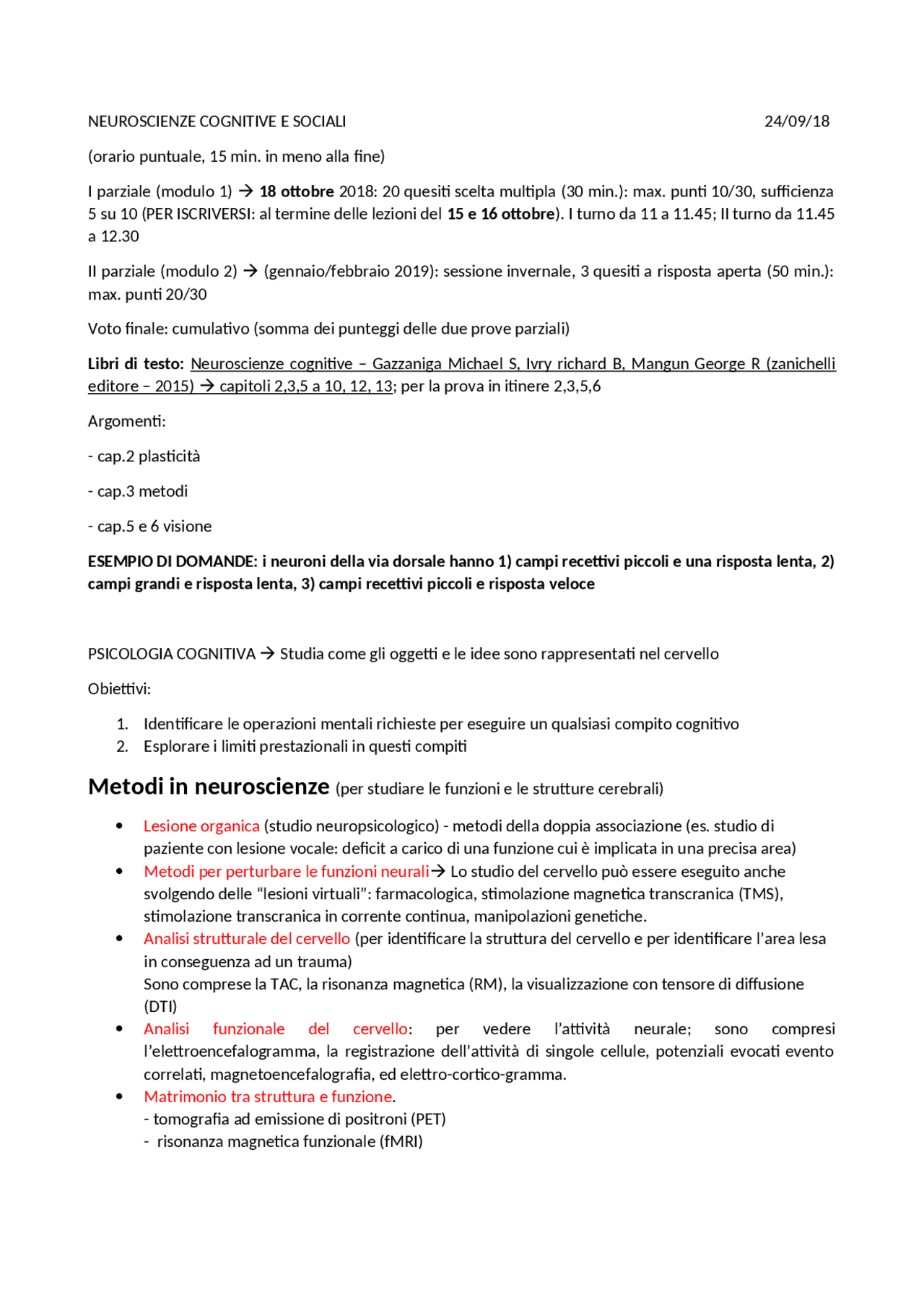 Primo Parziale Neuroscienze Docsity