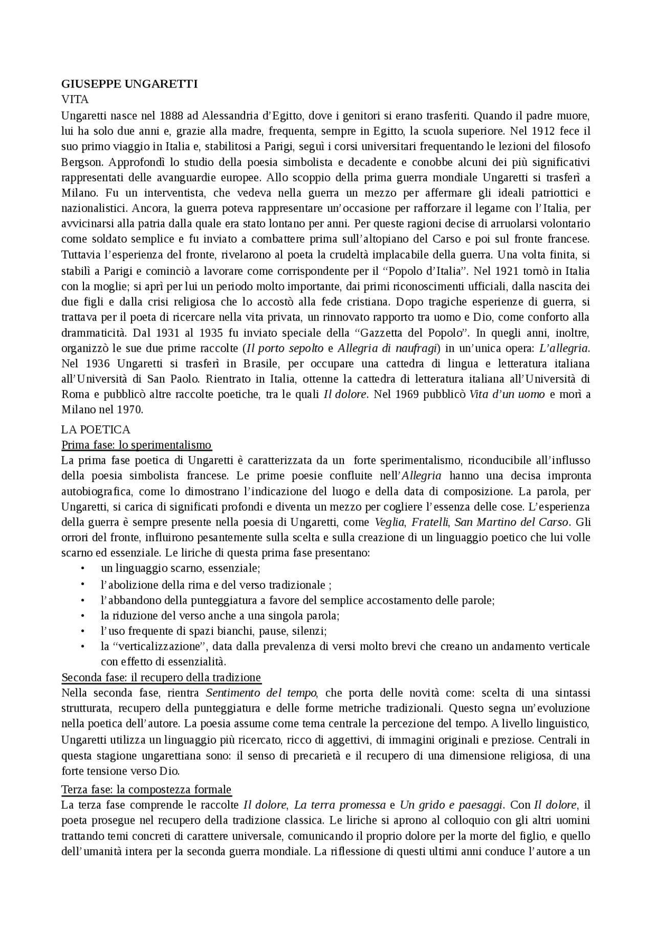 Riassunto Giuseppe Ungaretti Docsity