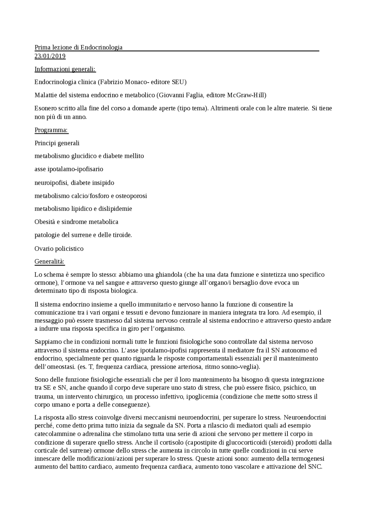 Appunti Generali Di Endocrinologia Docsity