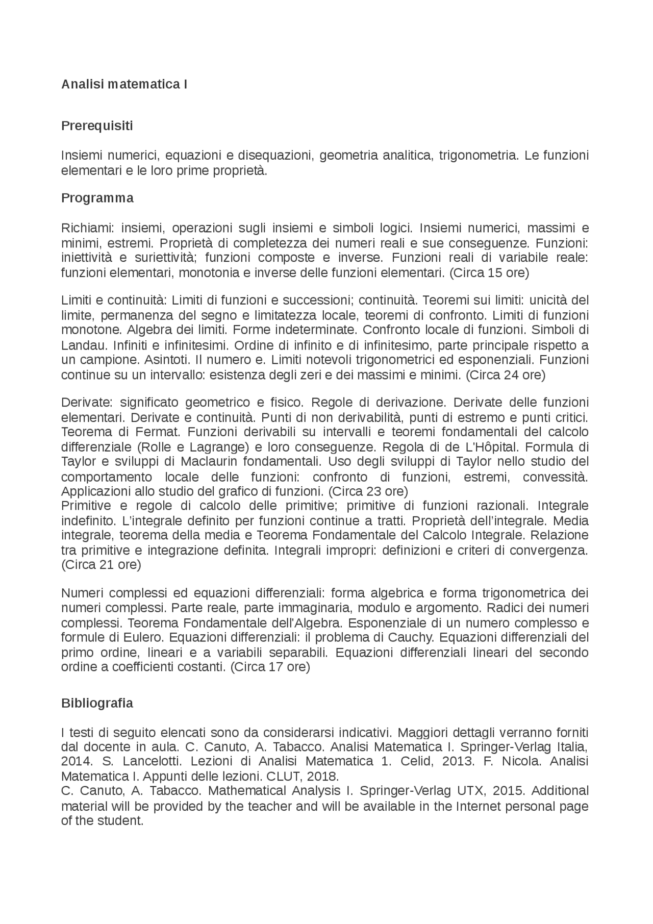 Programma Analisi Matematica I Docsity