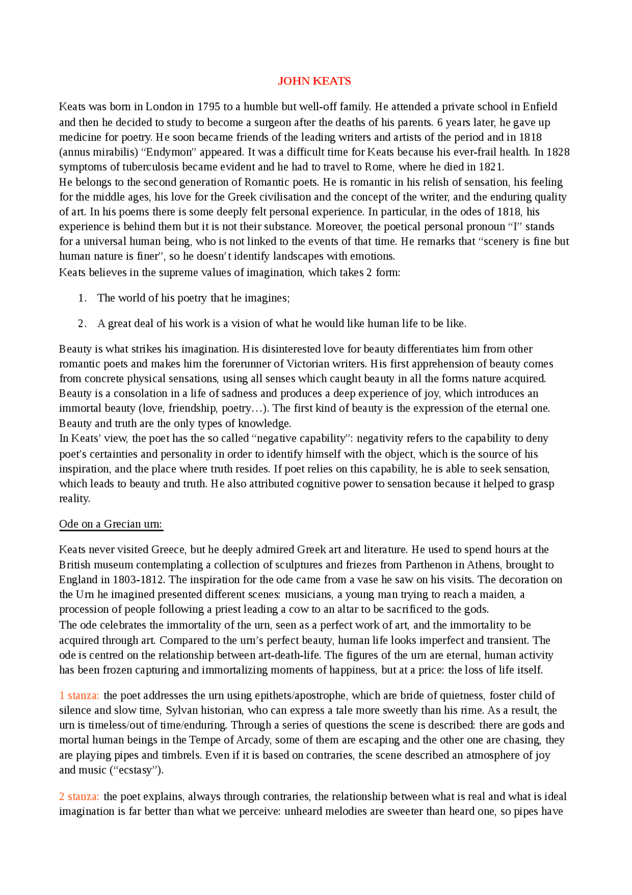 John Keats Inglese Grande Schemi E Mappe Concettuali Di Latino Docsity