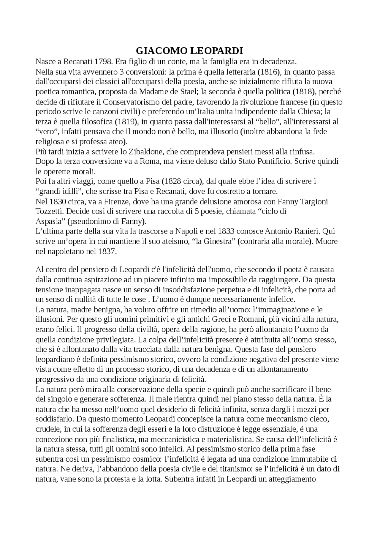 Giacomo Leopardi Riassunto Docsity