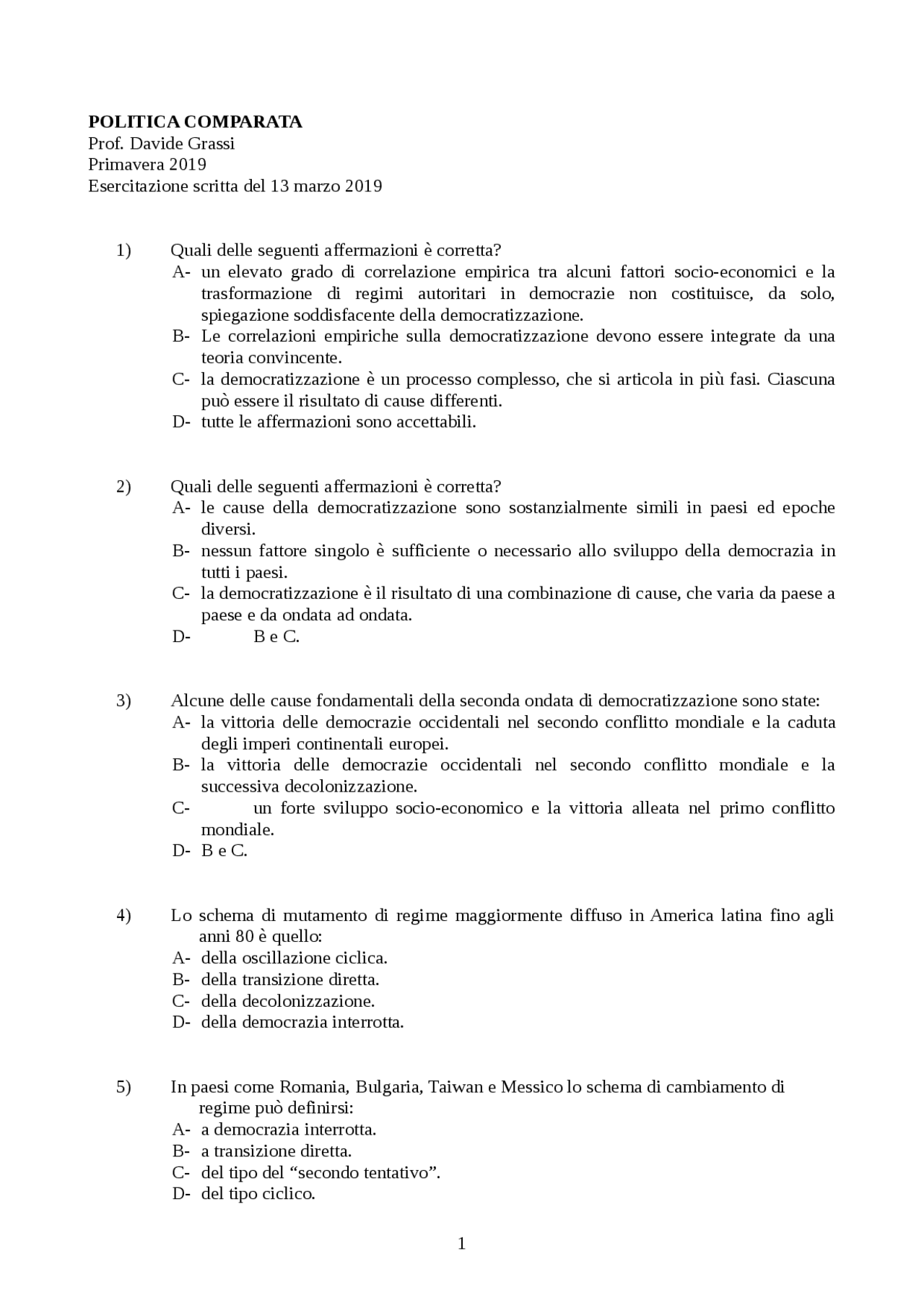 Esame Politica Comparata Docsity