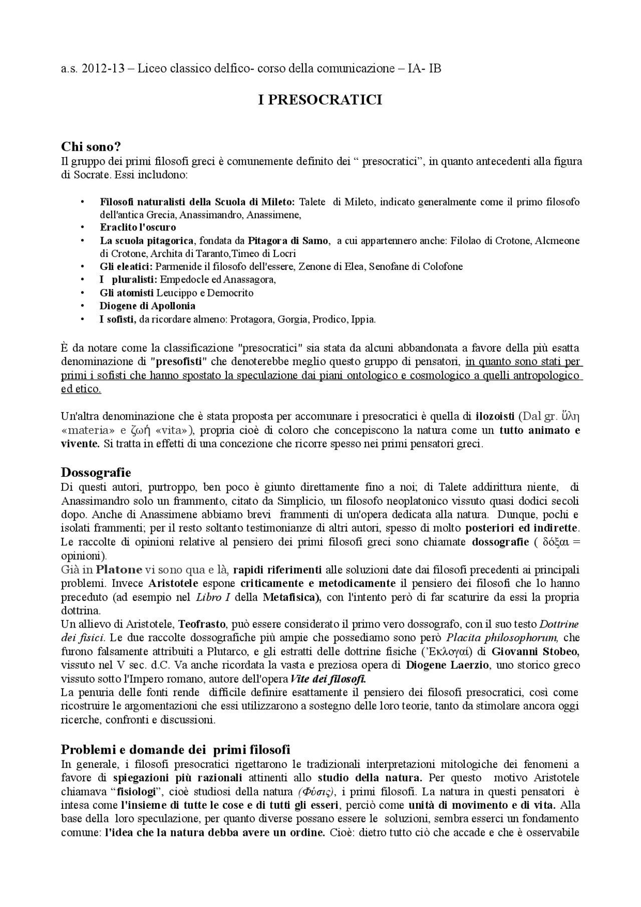Presocratici Filosofia Docsity
