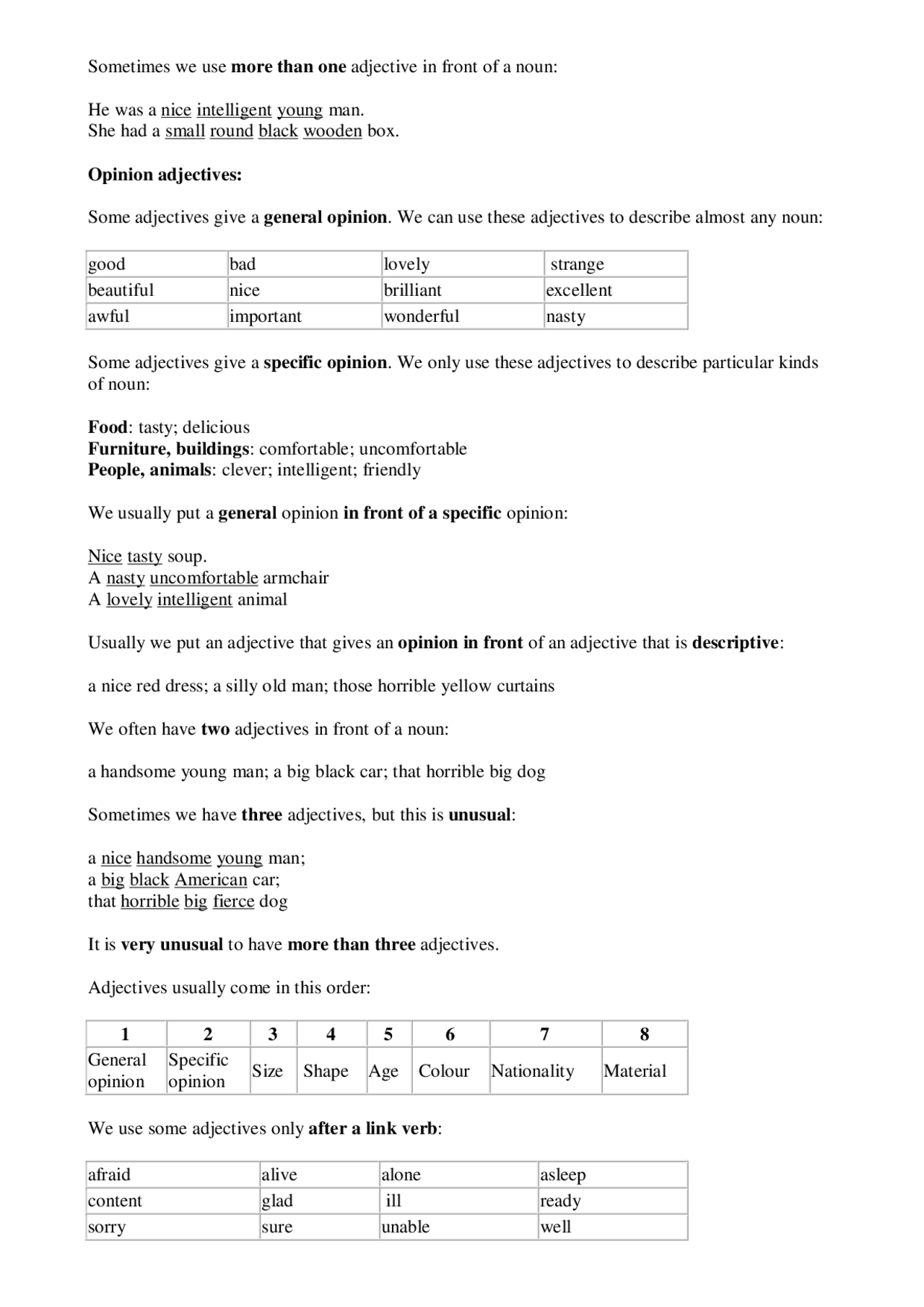 Adjective order chart - Docsity