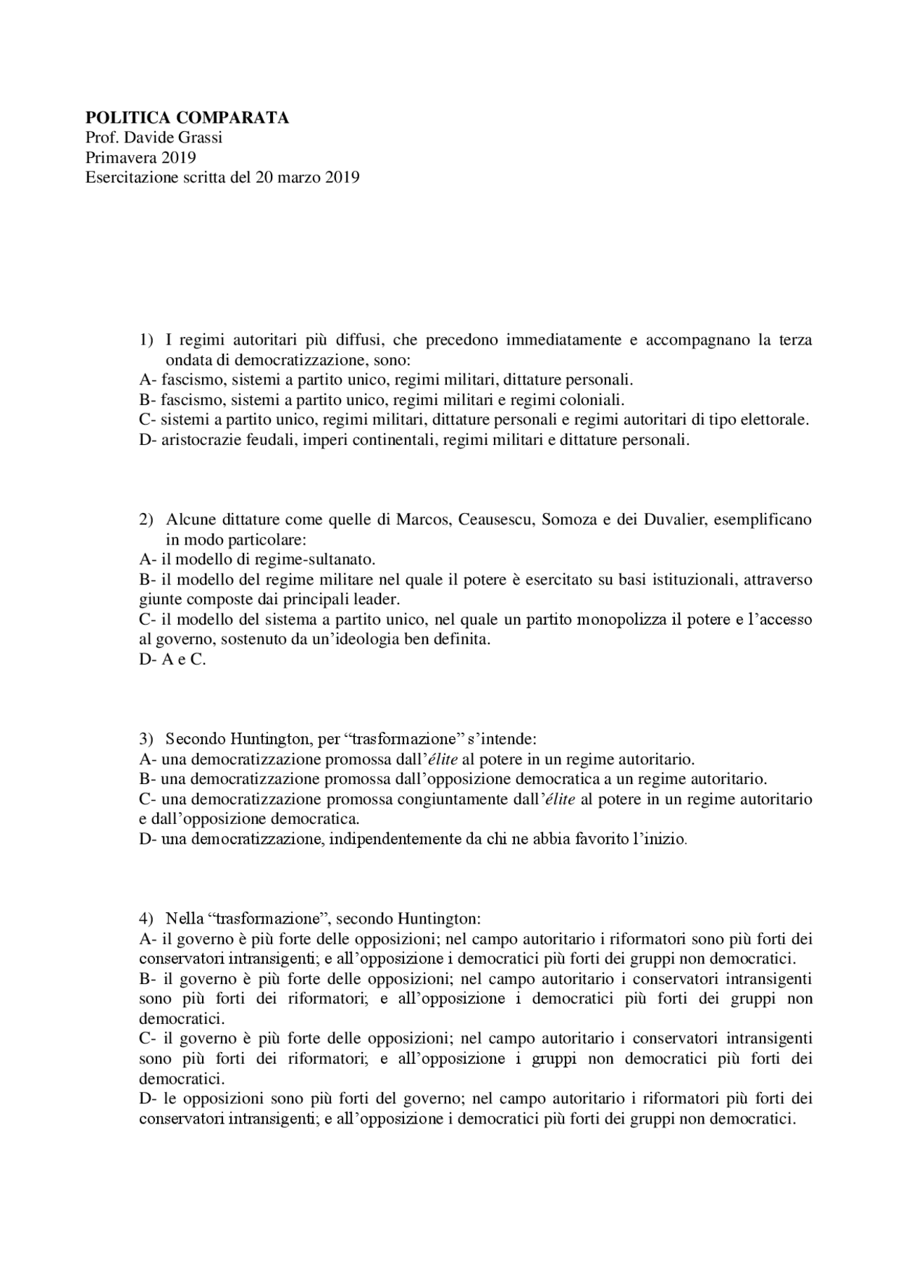 Esame Politica Comparata Docsity