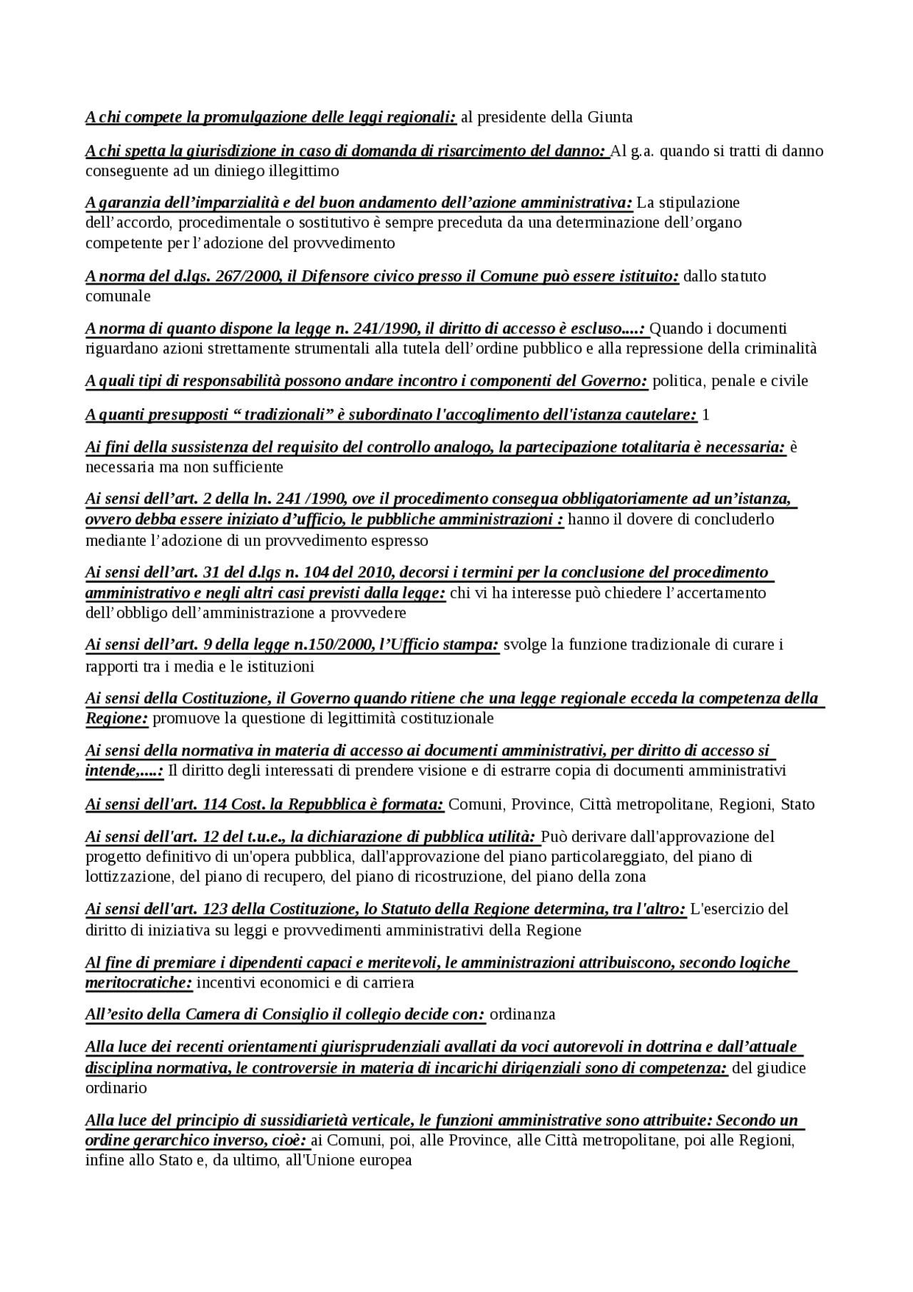 Test Diritto Amministrativo In Ordine Alfabetico Docsity