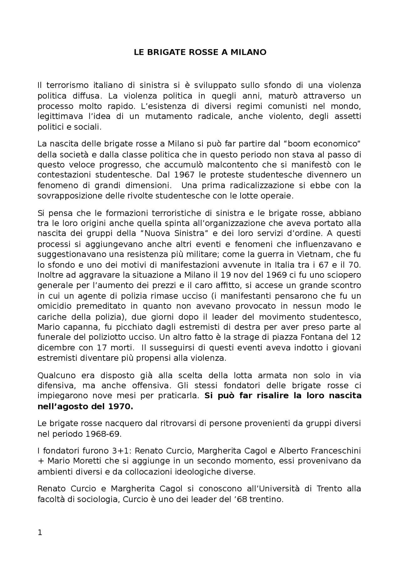 Le Brigate Rosse A Milano Docsity
