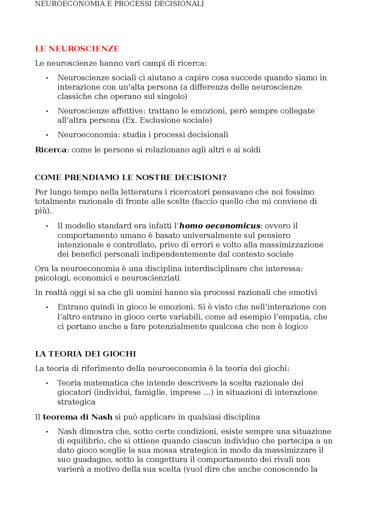 Neuroeconomia e processi decisionali: teoria dei giochi - Docsity