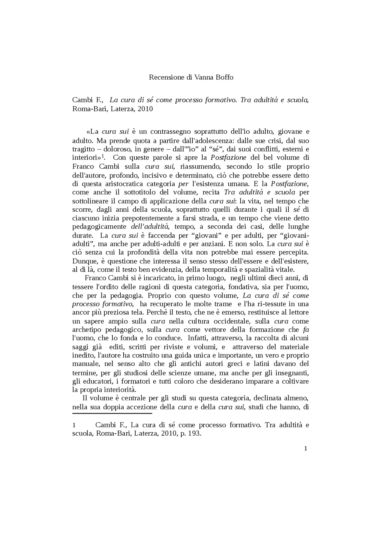 Recensione Cura Di Sè Docsity