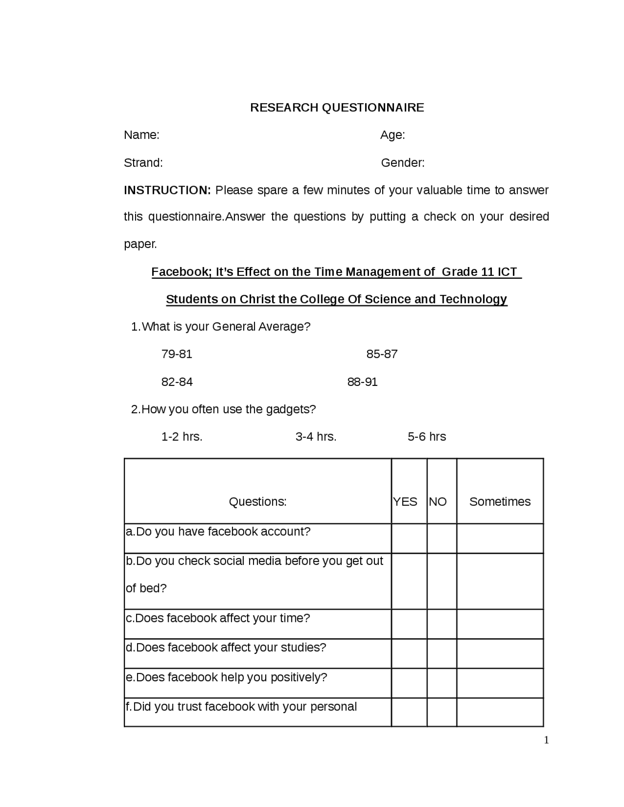 Facebook; It's Effect on time management "Survey" - Docsity