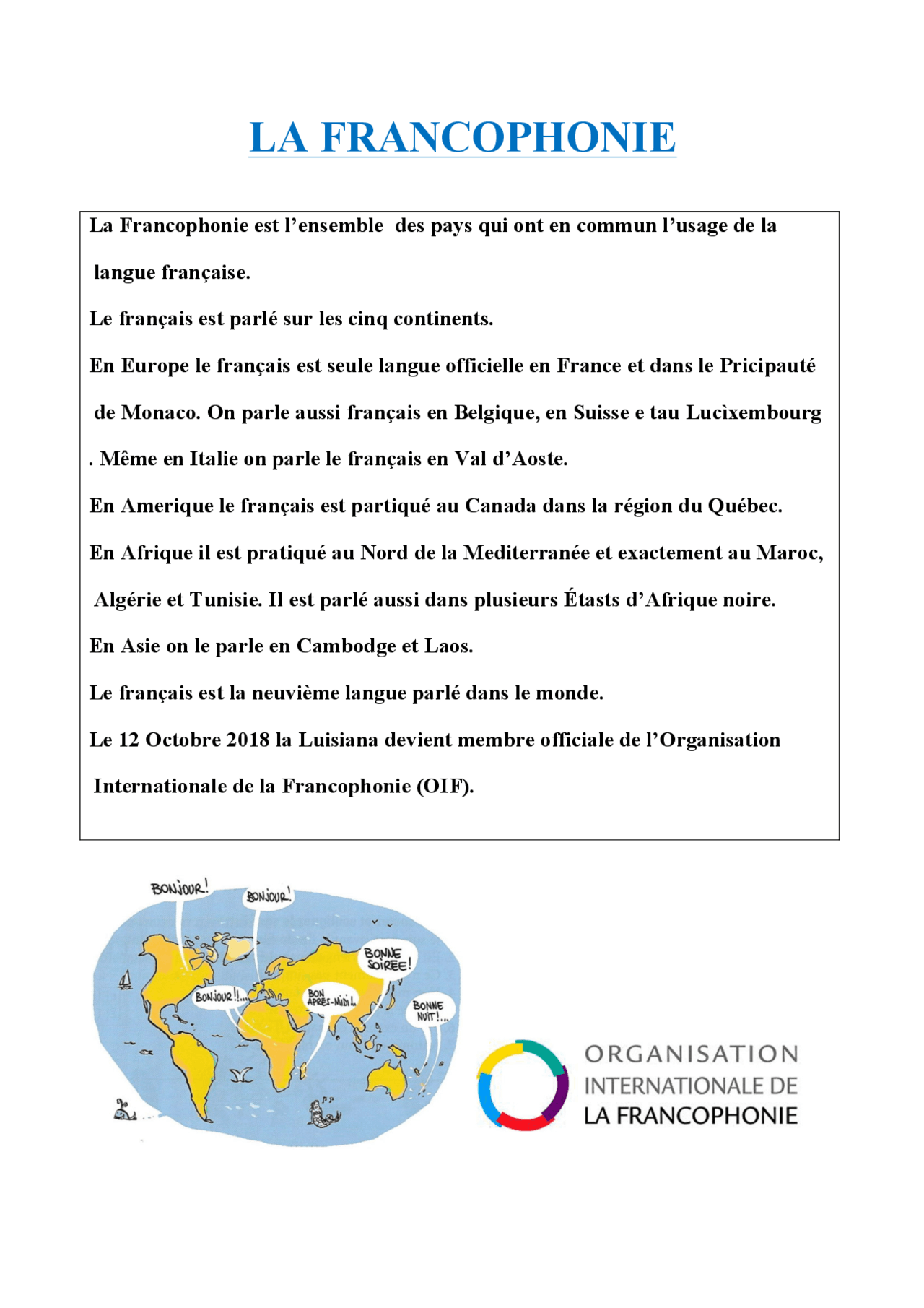 Riassunto "La Francophonie" | Sintesi del corso di Francese | Docsity