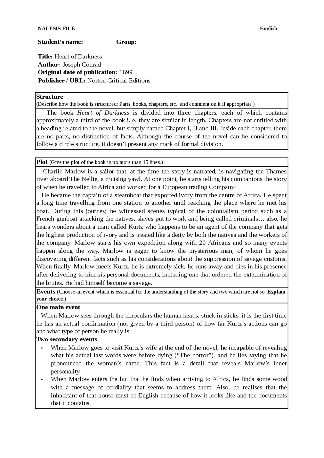 Heart Of Darkness Analysis File Docsity
