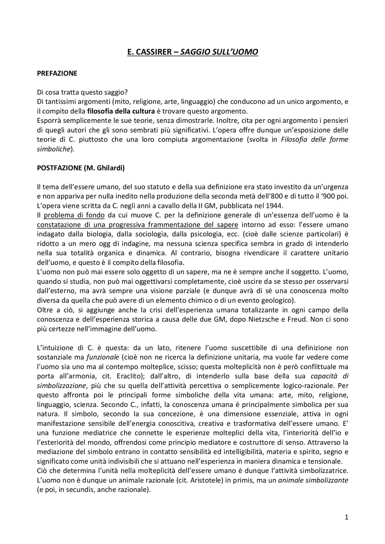 Riassunto Saggio Sulluomo E Cassirer Docsity