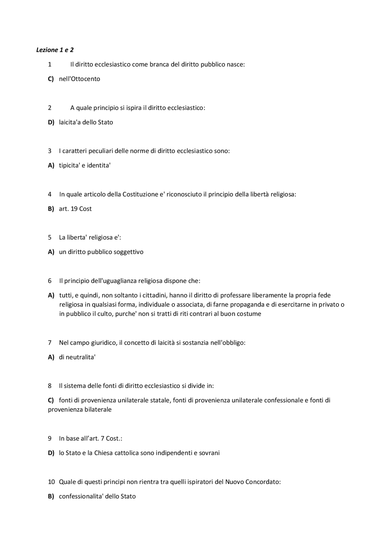 Diritto Ecclesiastico Autovalutazione Docsity