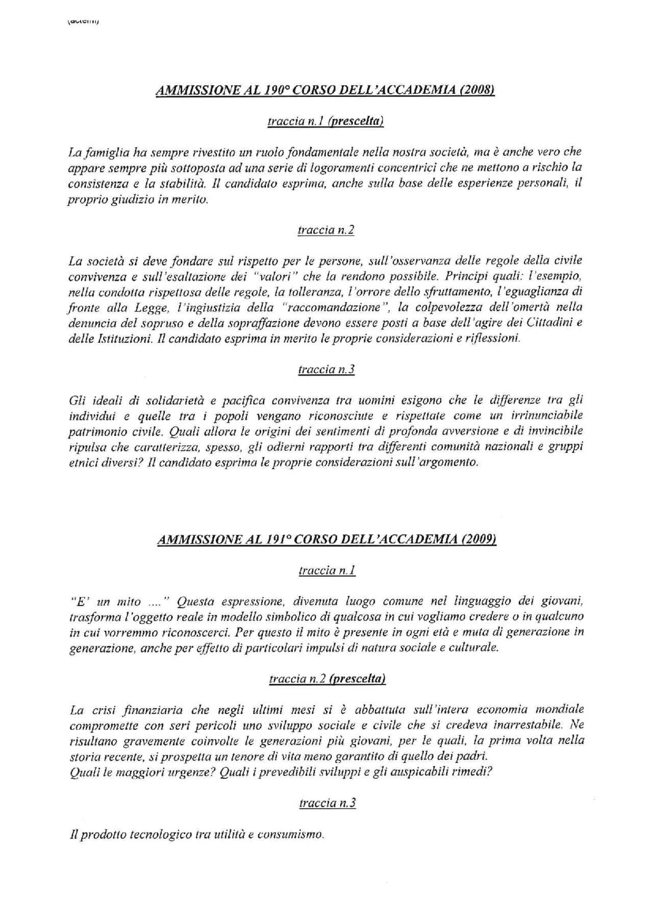 Tracce Temi Accademia 2019 Docsity