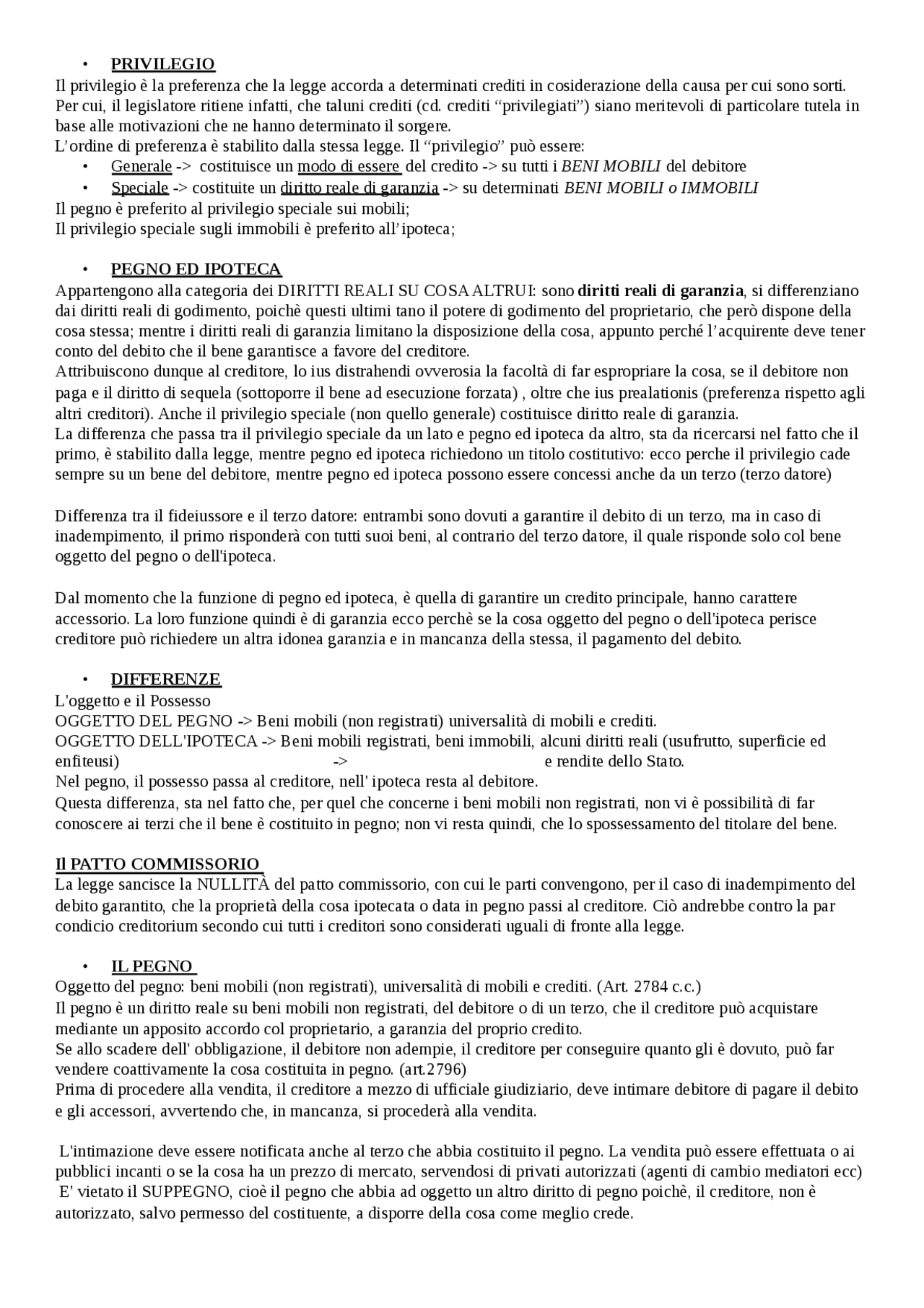 Diritto Privato Diritti Reali Di Garanzia Docsity
