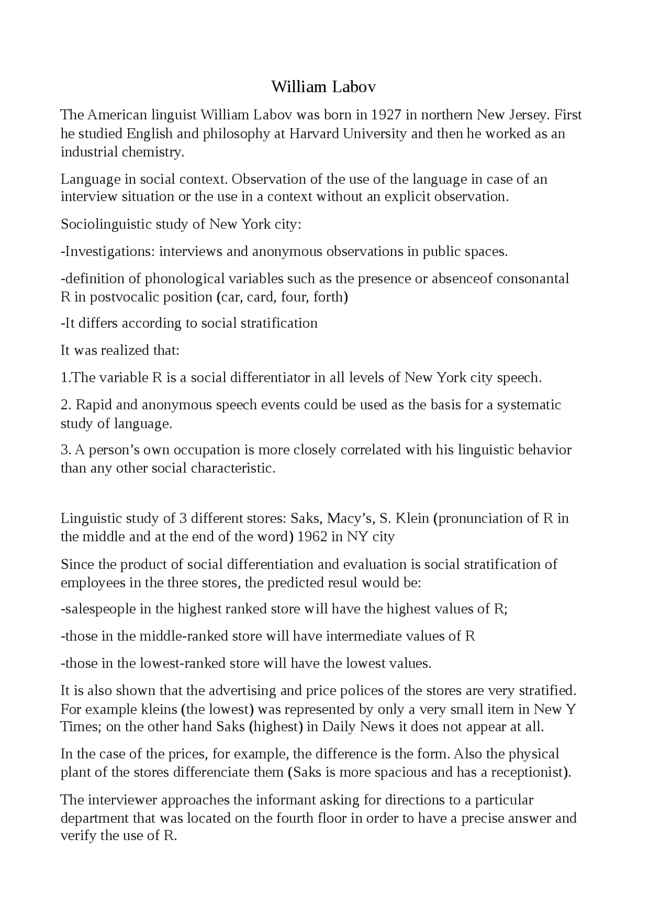 William Labov's work - Docsity