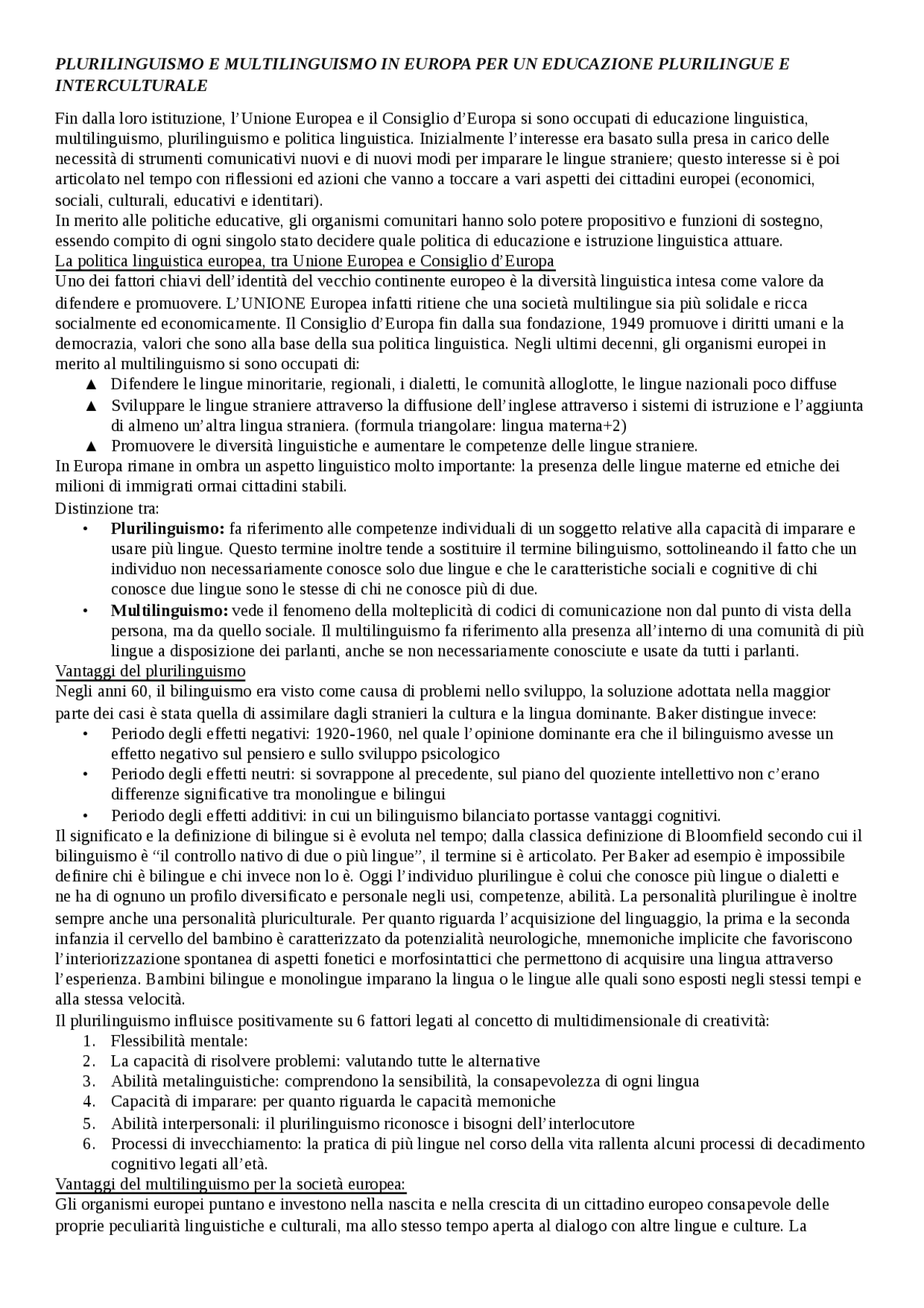 PLURILINGUISMO E MULTILINGUISMO IN EUROPA PER UN EDUCAZIONE PLURILINGUE E INTERCULTURALE - Docsity