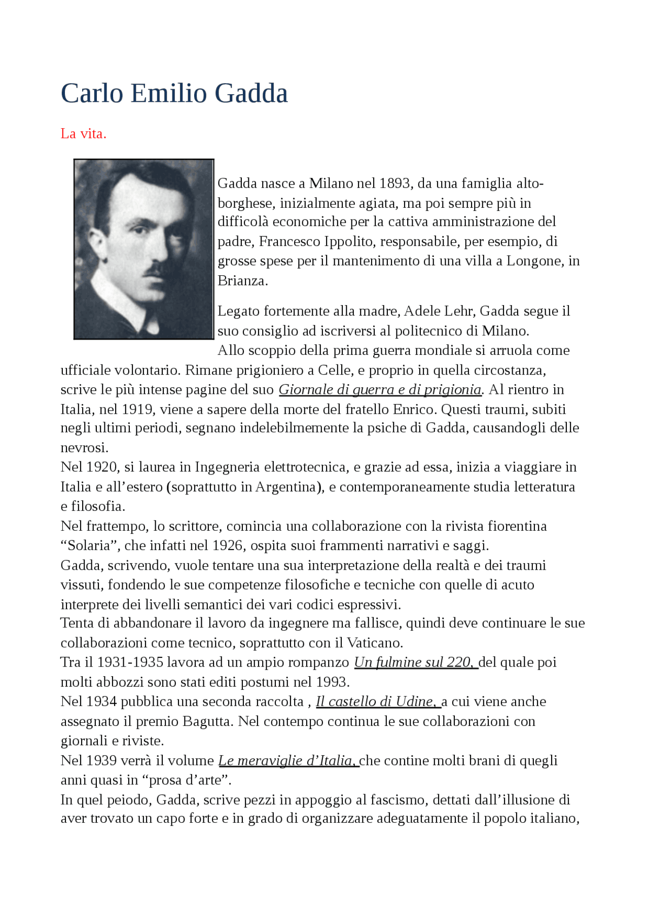 Carlo Emilio Gadda Vita Docsity