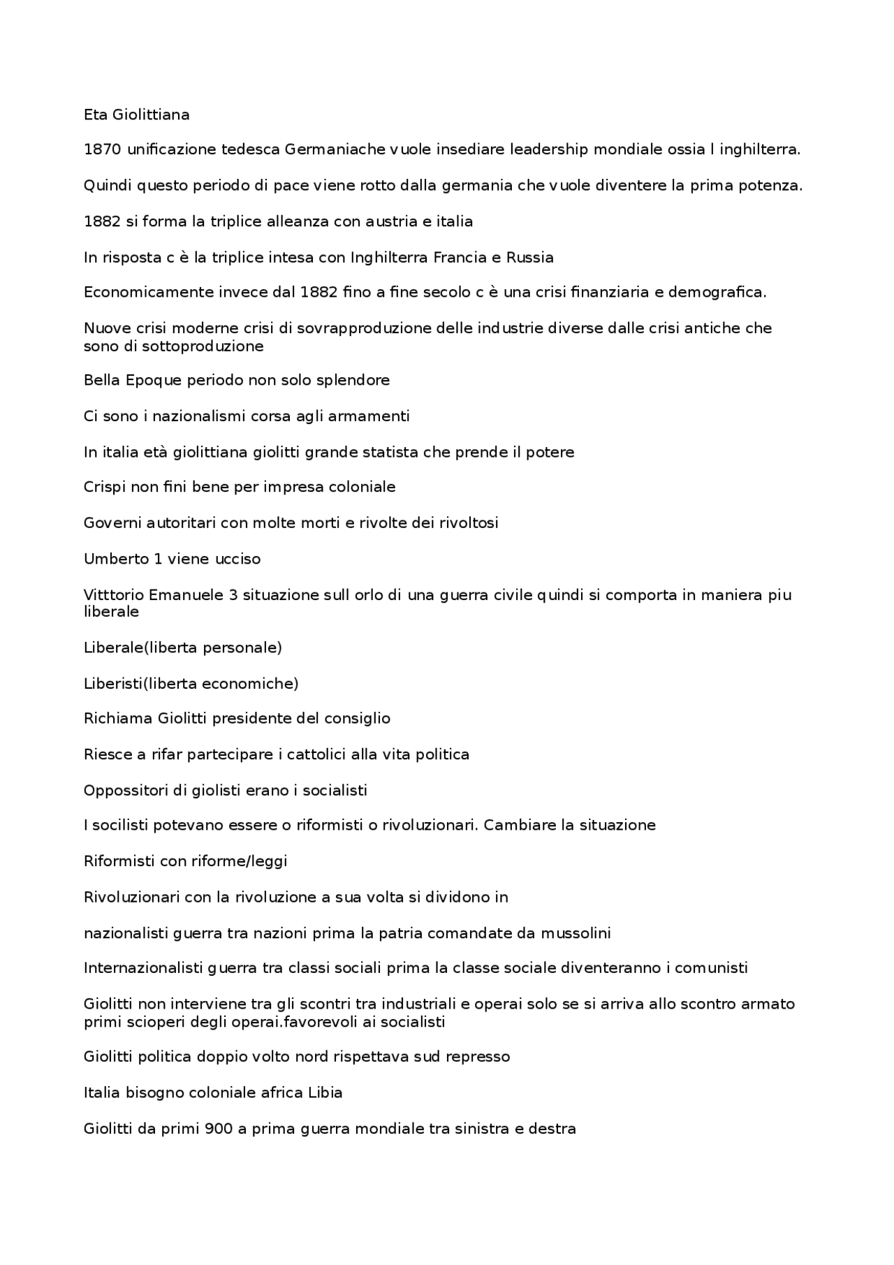Schema Età Giolittiana Docsity